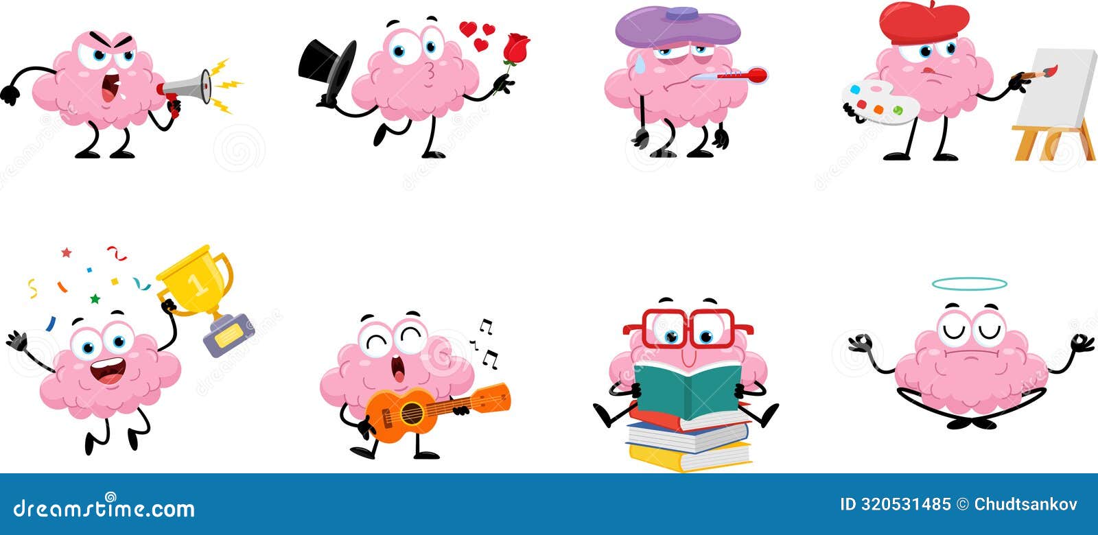 Funny Brain Cartoon Character. Vector Flat Design Collection Set Stock ...