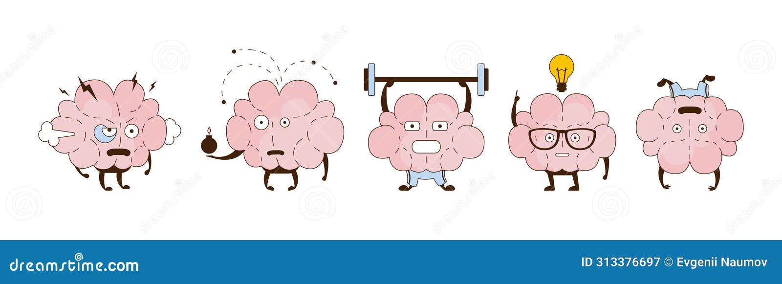 Funny Brain Character Engaged in Different Activity Vector Set Stock ...