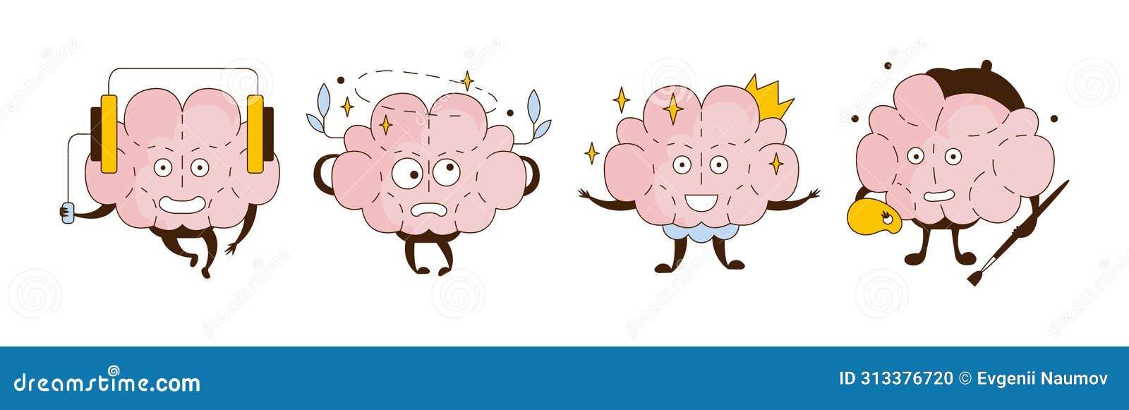 Funny Brain Character Engaged in Different Activity Vector Set Stock ...