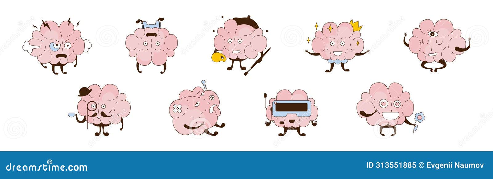 Funny Brain Character Engaged in Different Activity Vector Set Stock ...