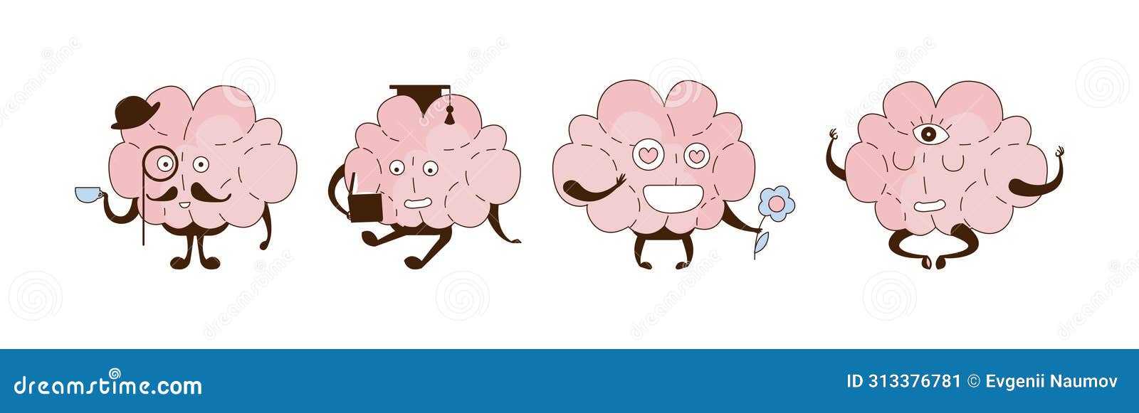 Funny Brain Character Engaged in Different Activity Vector Set Stock ...