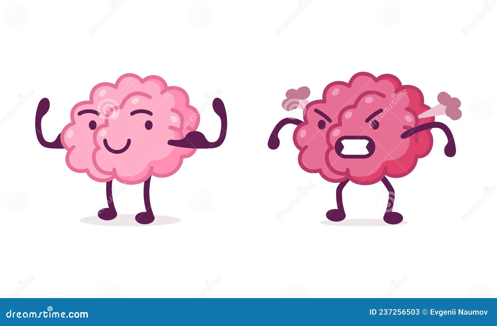 Funny Brain Character Smiling And Steaming With Anger Vector Set ...
