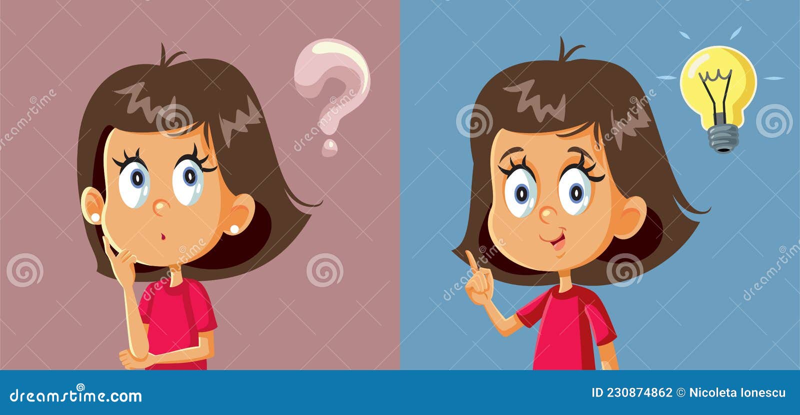 Little Girl Having a Question Finding the Answer Vector Cartoon Stock ...