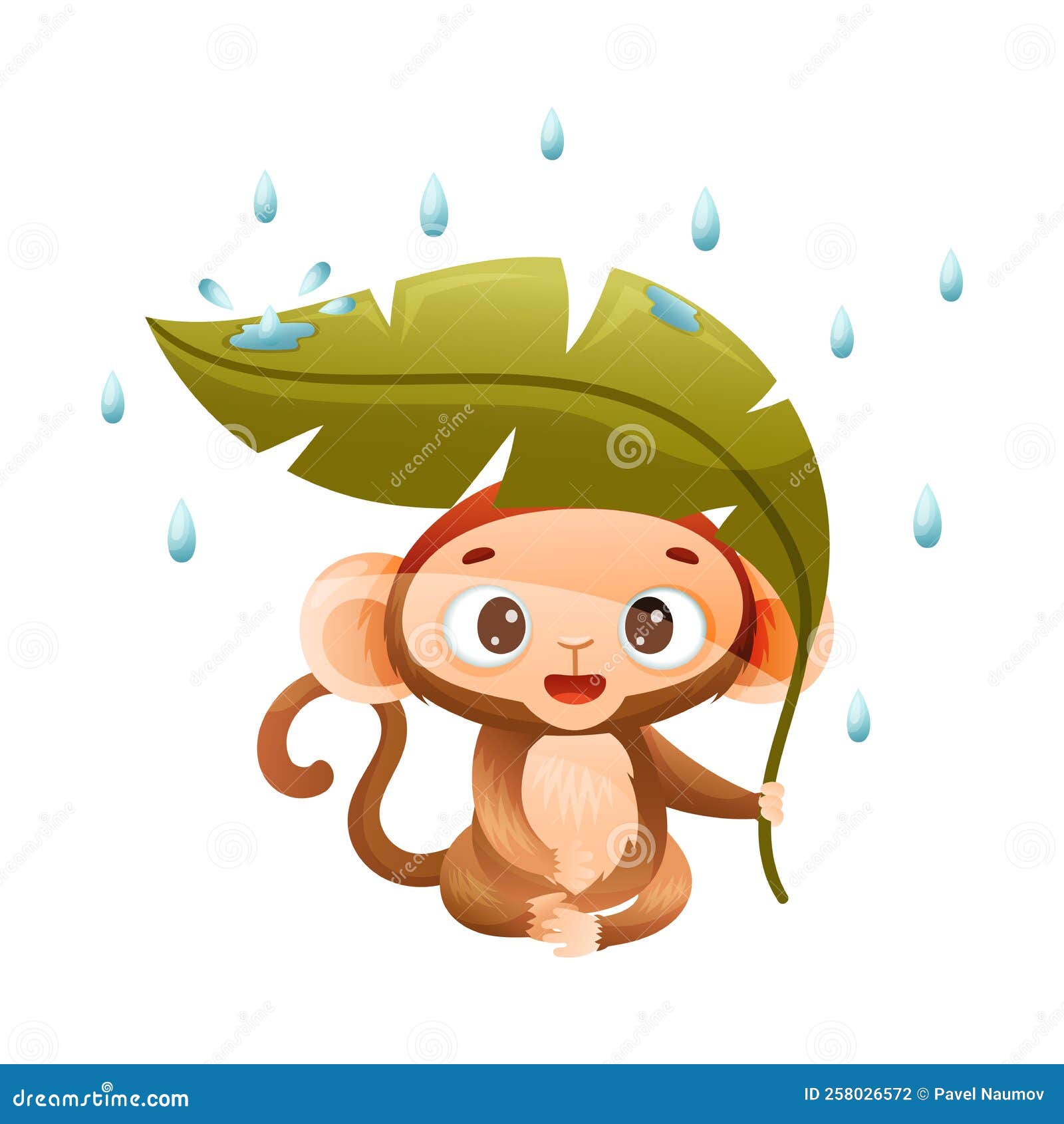 Funny Brown Monkey with Prehensile Tail Sitting Under Green Leaf with ...