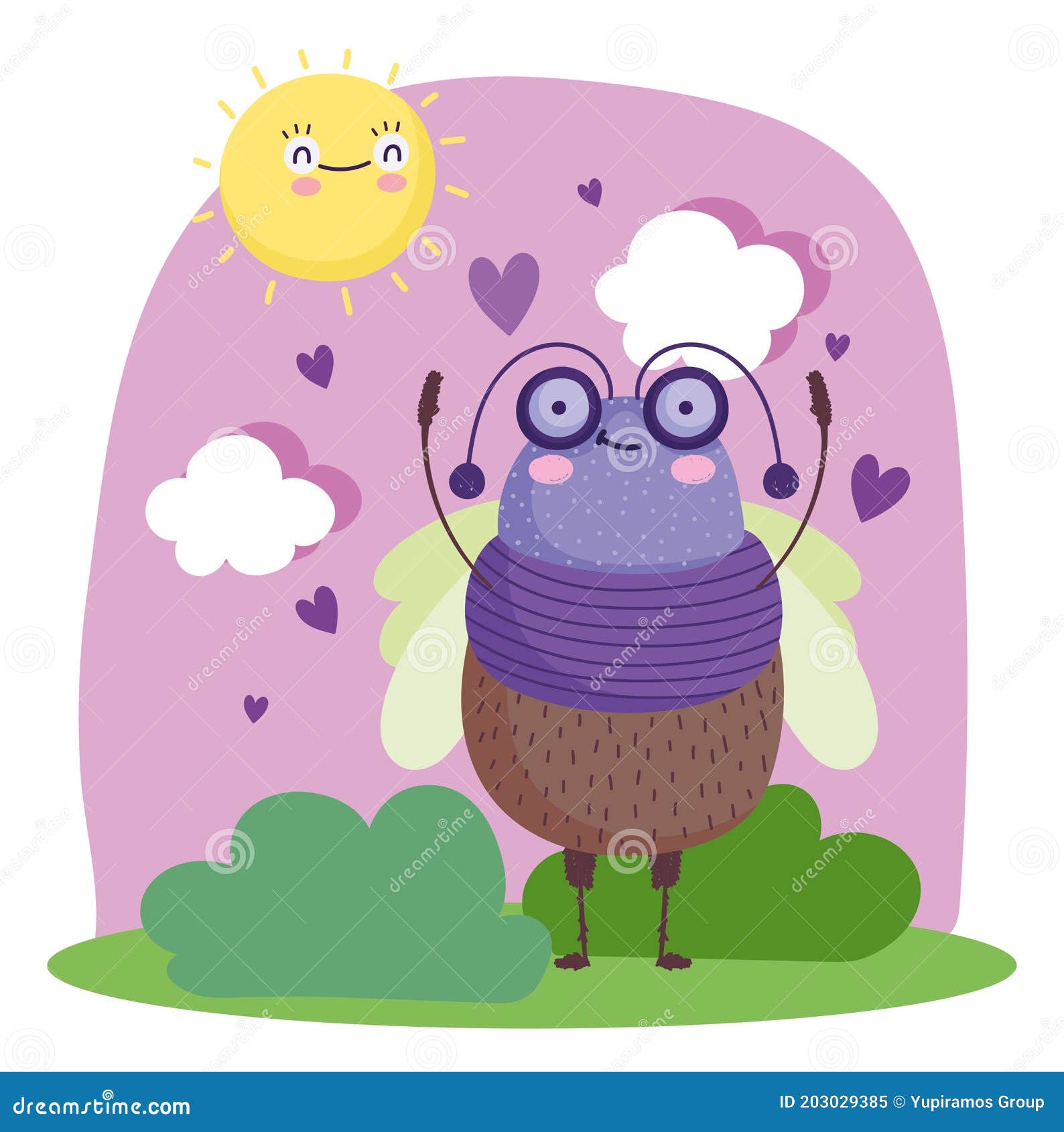 Funny Bug in the Grass Sun Clouds Cartoon Design Stock Vector ...