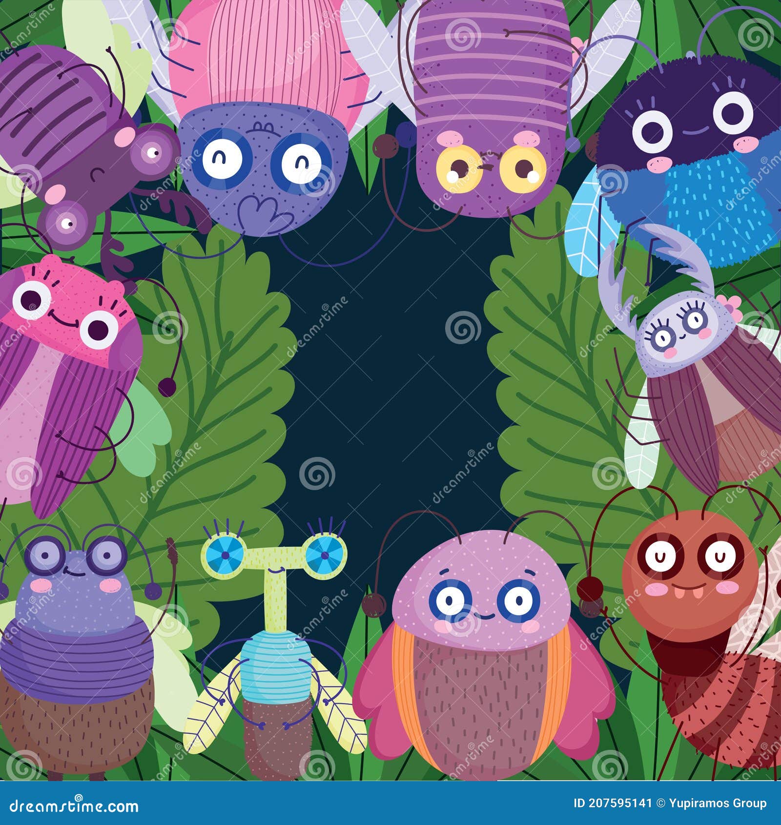 Funny Bugs Animals Foliage Leaf Botancial Cartoon Stock Vector ...