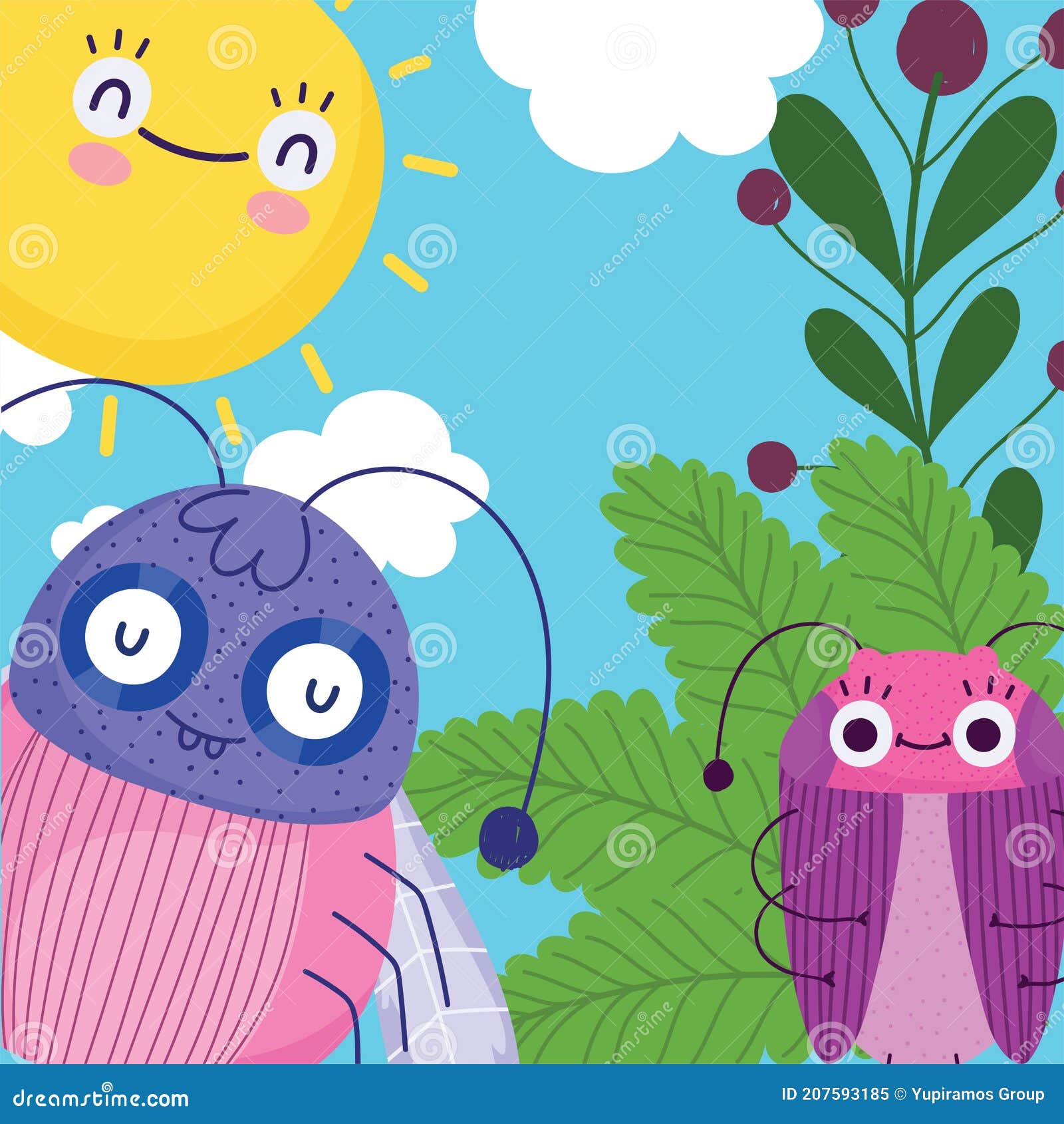 Funny Bugs. Cartoon Cute Insects With Faces, Caterpillar Butterfly ...