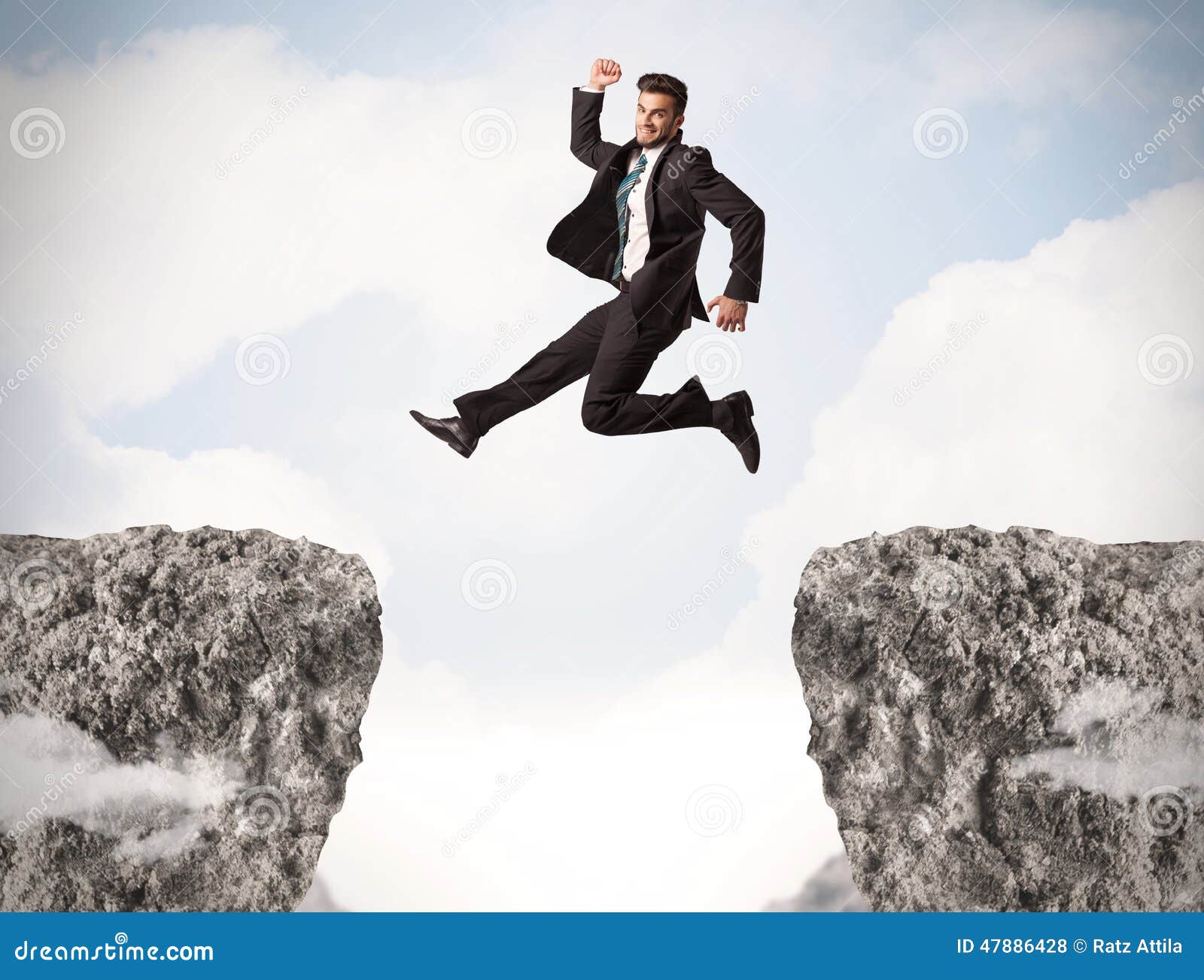Funny Business Man Jumping Over Rocks with Gap Stock Photo - Image of ...