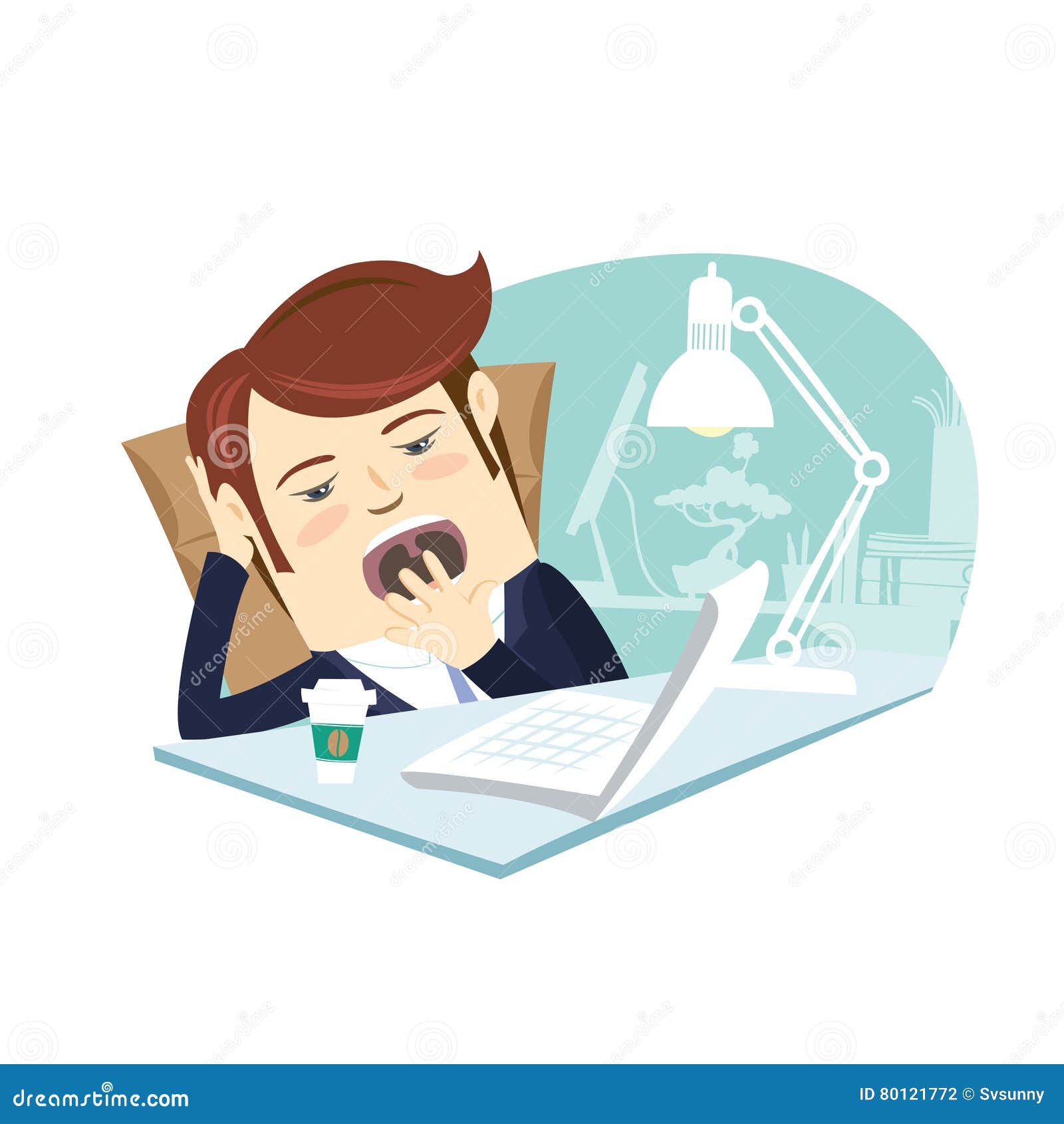 Funny Business Man Yawning at His Workplace. Flat Style Stock Vector ...