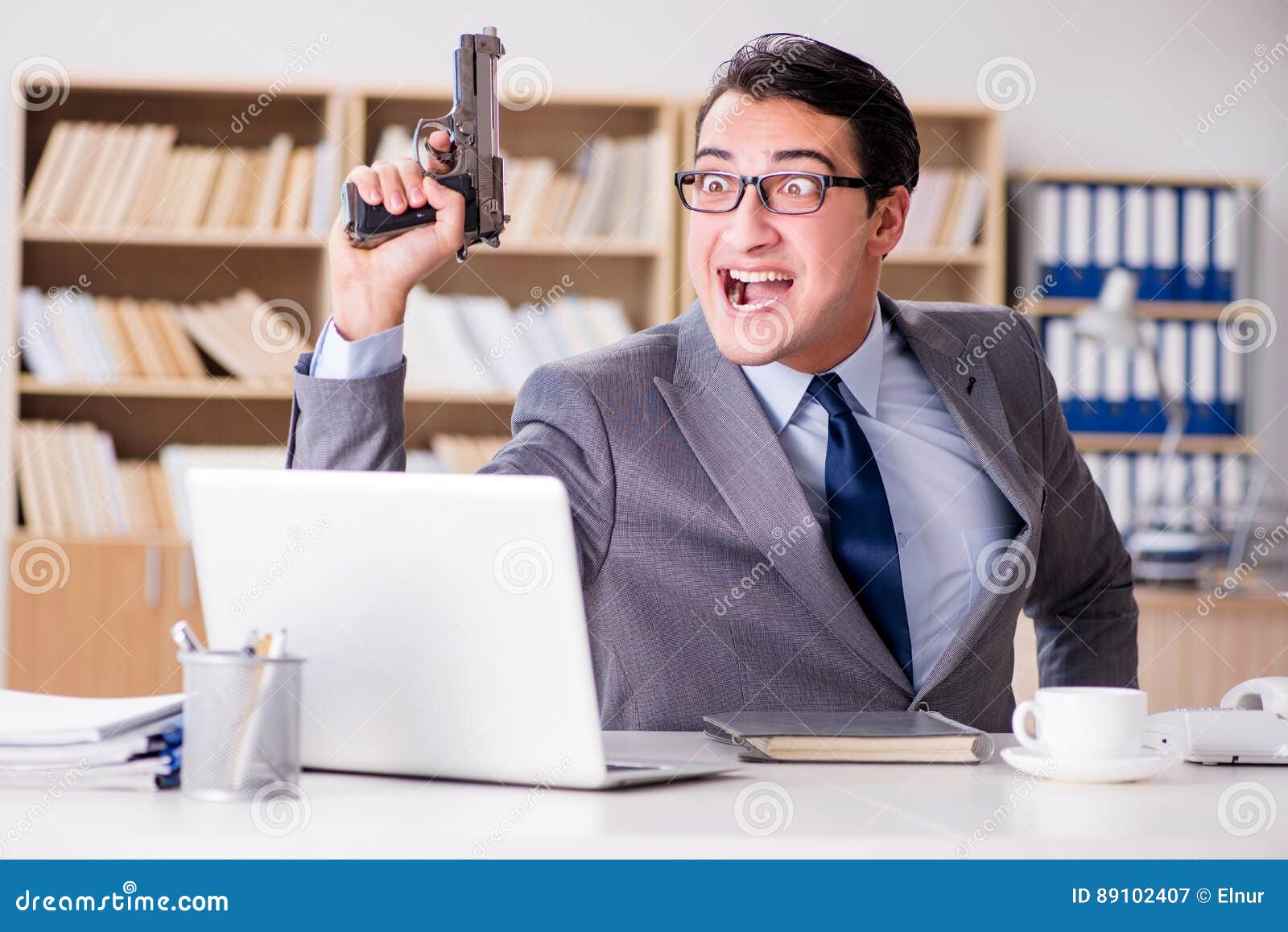 The Funny Businessman with Gun in Office Stock Image - Image of ...