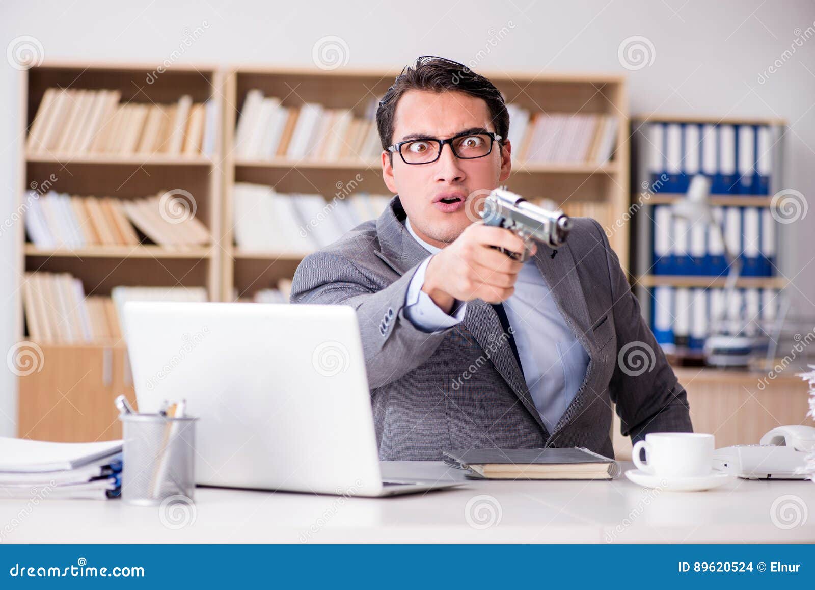 The Funny Businessman with Gun in Office Stock Photo - Image of ...