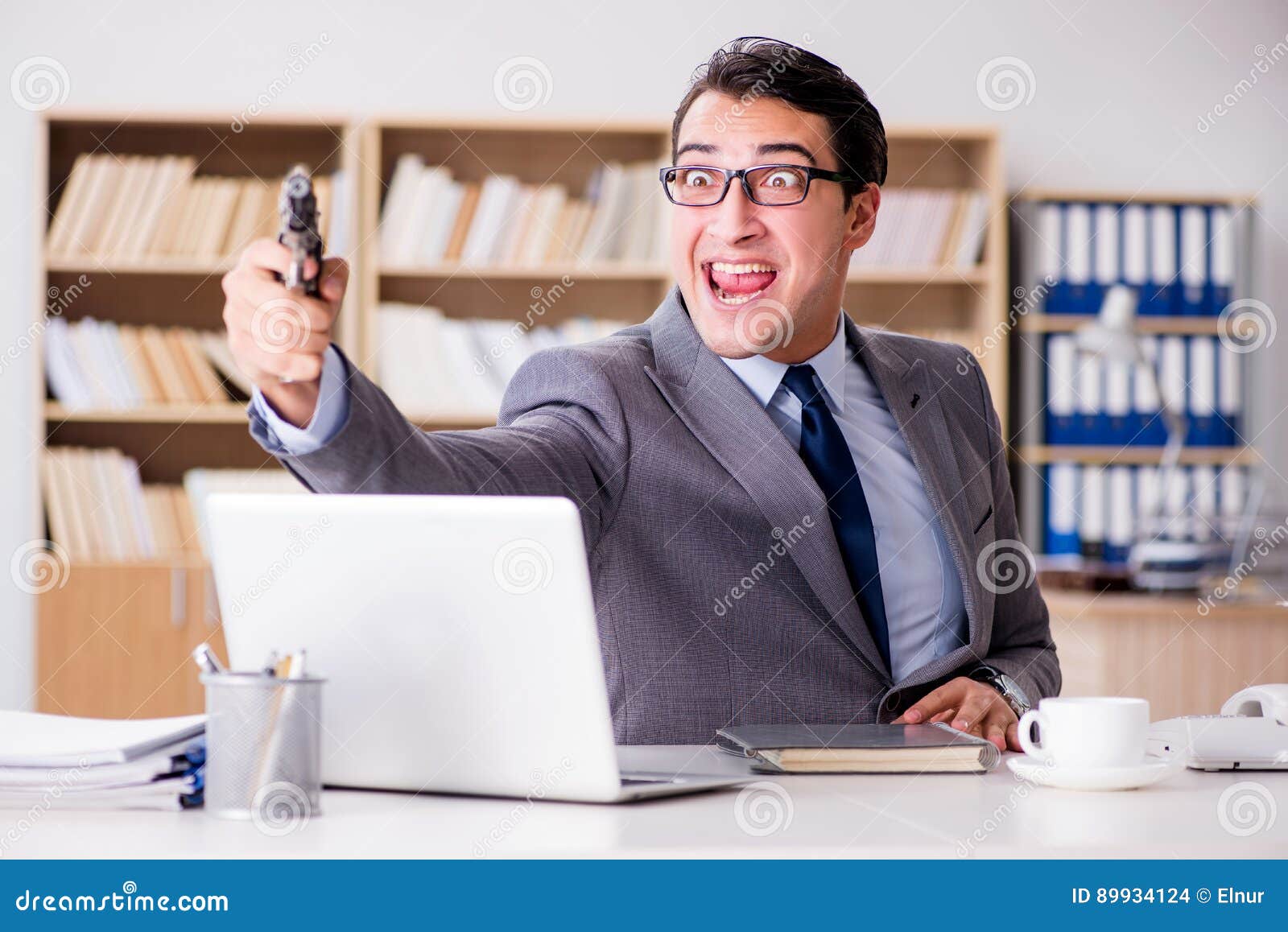 The Funny Businessman with Gun in Office Stock Photo - Image of busy ...