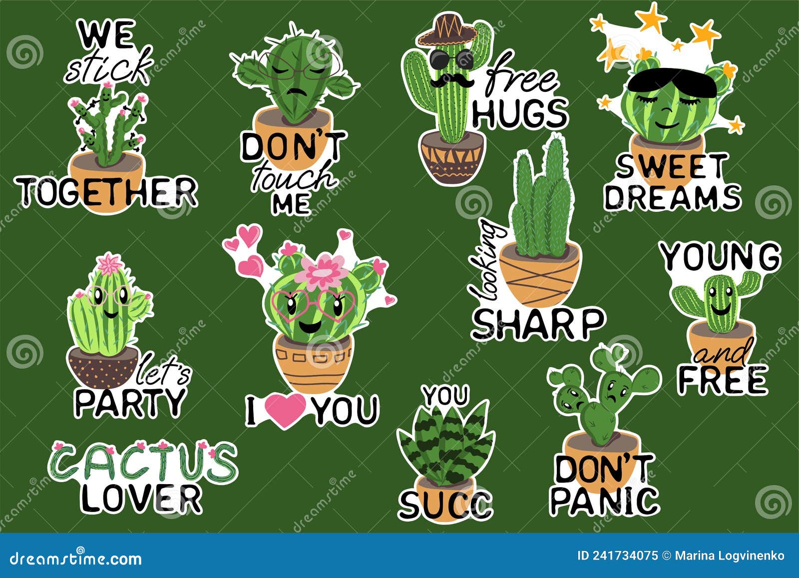 Funny cactus plants stock vector. Illustration of drawn - 241734075