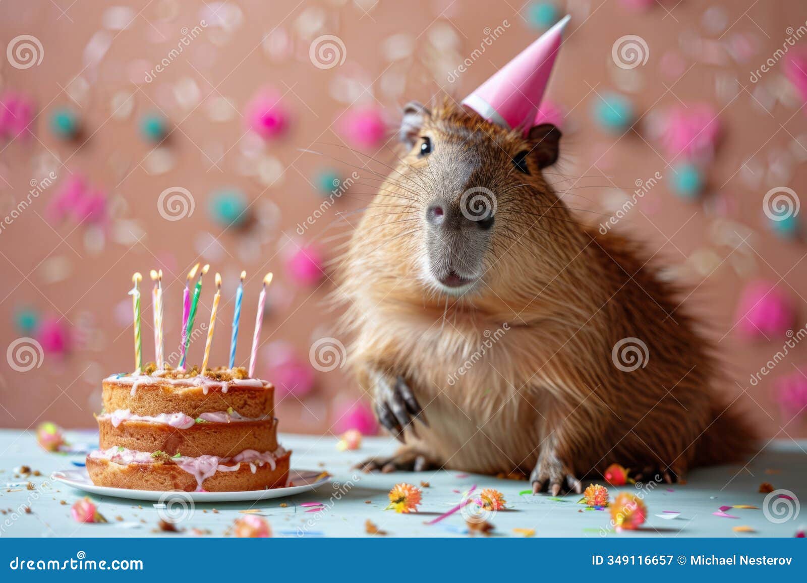 Funny Capybara in a Birthday Hat with Cake Stock Image - Image of ...