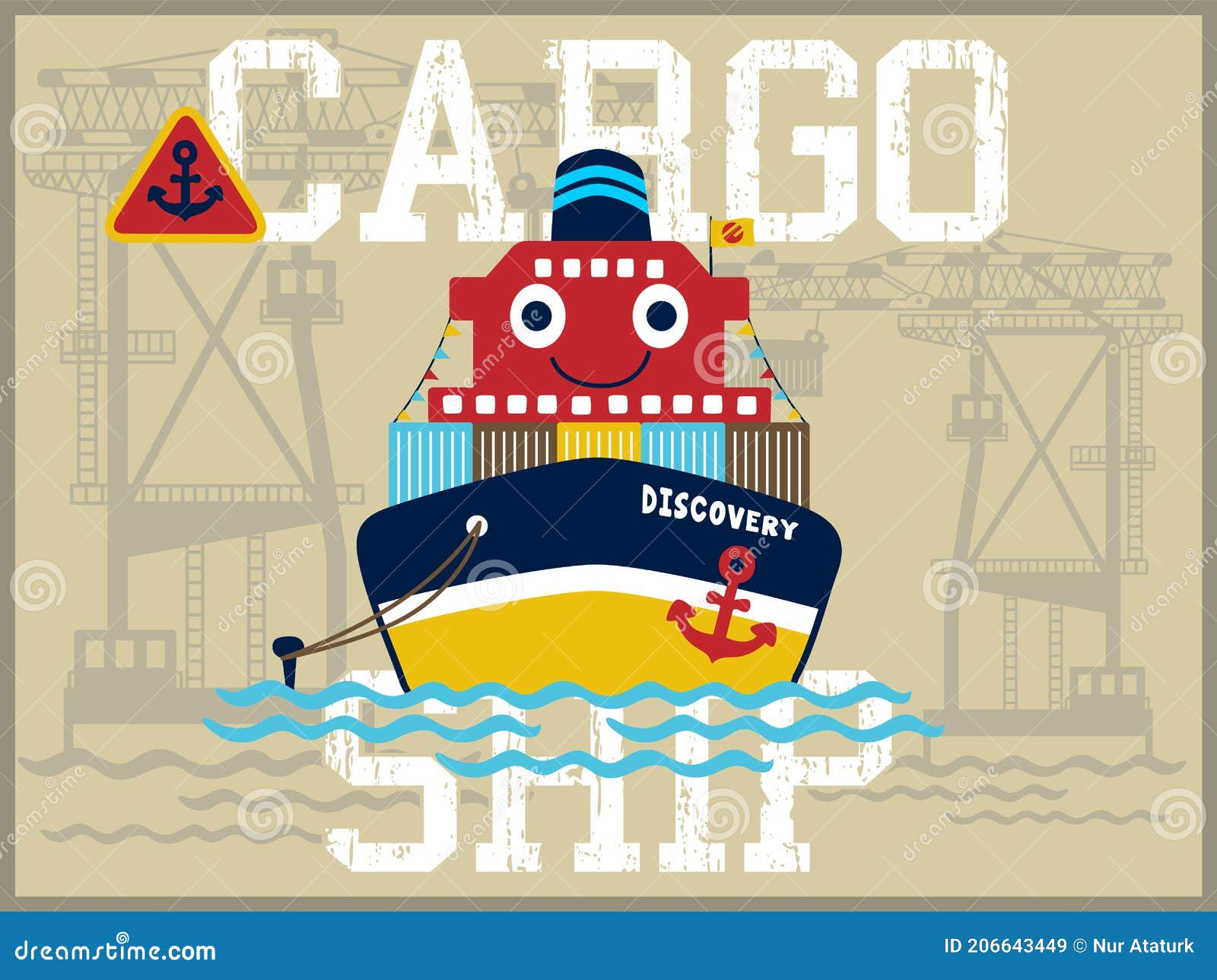 Funny Cargo Ship Cartoon Vector in the Port Stock Vector - Illustration ...