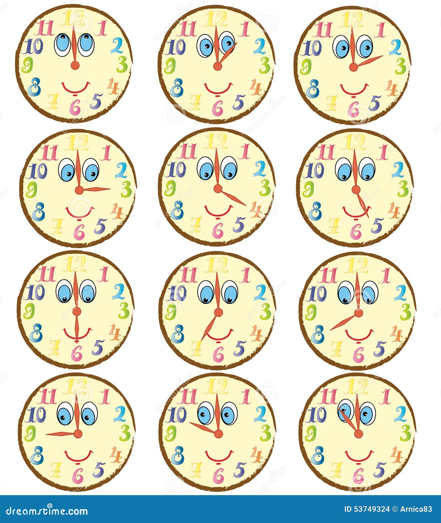 Funny Cartoon Alarm Clocks Showing Time Stock Vector - Illustration of ...