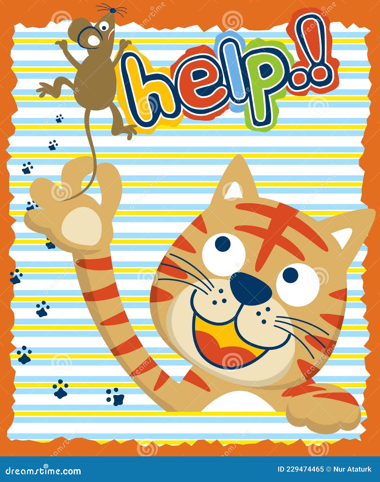 Funny Cartoon, Cat Catch a Rat`s Tail on Striped Background Stock ...