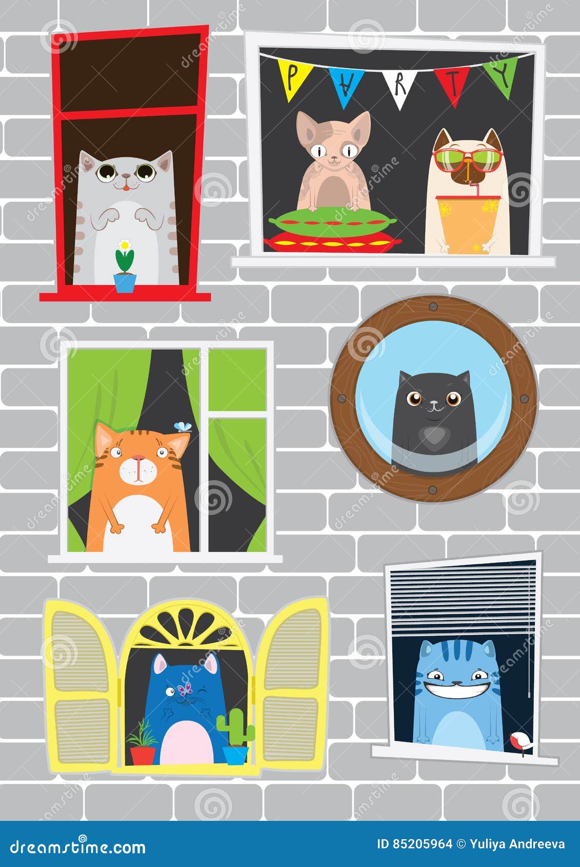 Funny Cartoon Cats in the Window Stock Vector - Illustration of ...