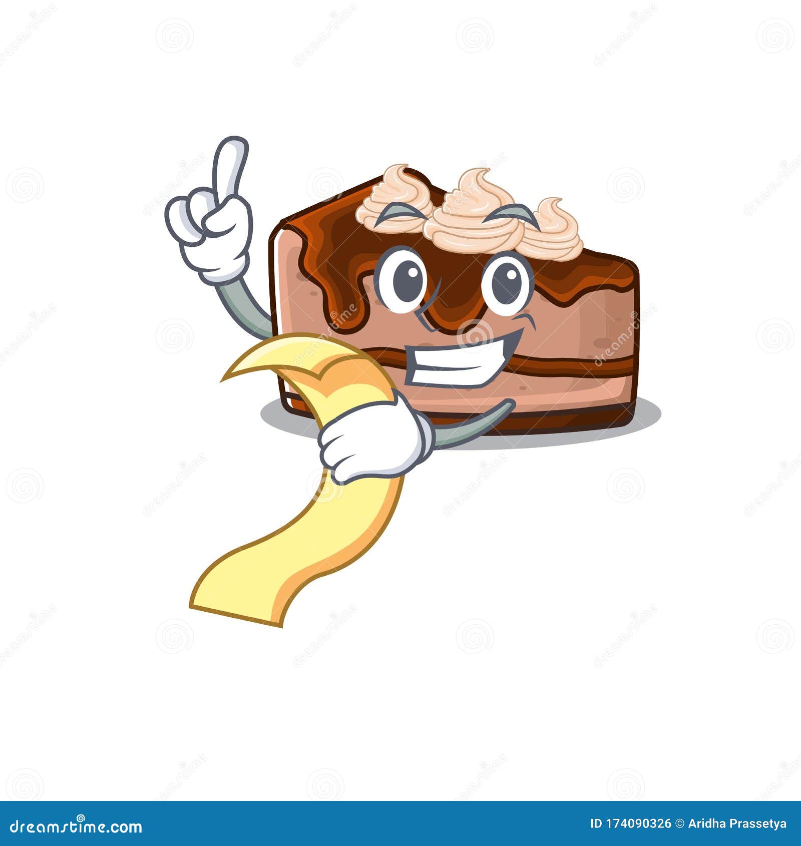 A Funny Cartoon Character of Chocolate Cheesecake Holding a Menu Stock ...