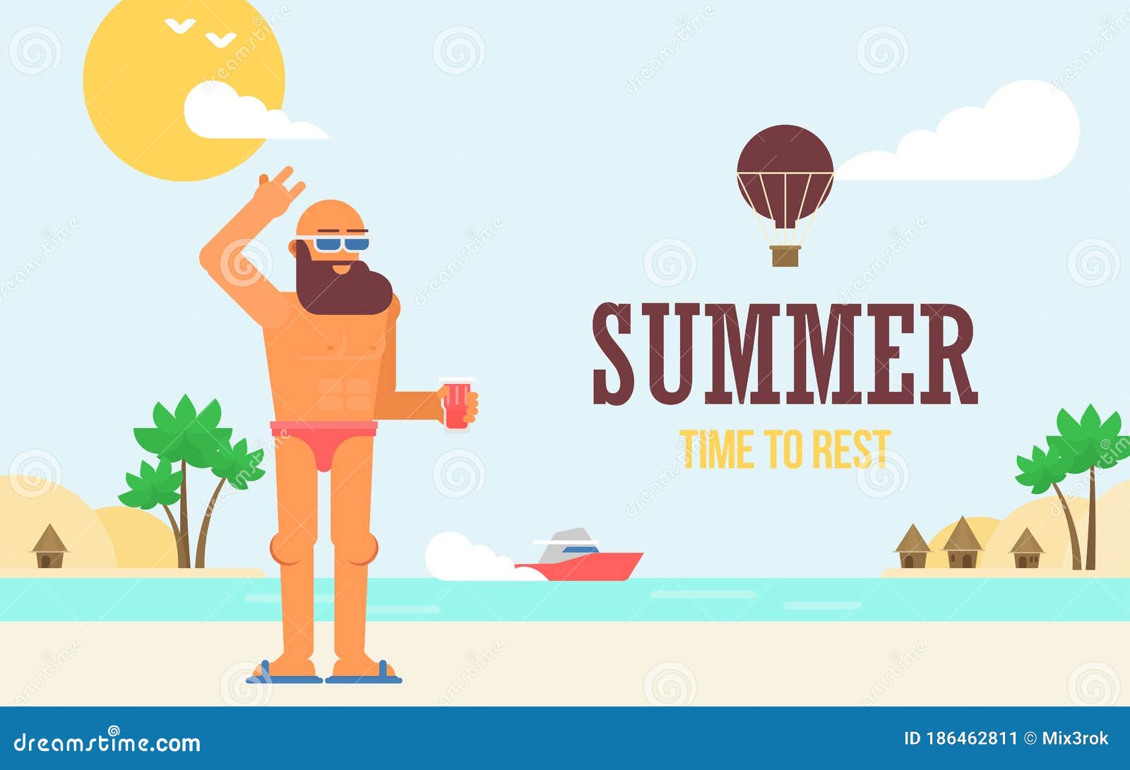 Funny Cartoon Character on Vacation. Flat Vector Stock Illustration ...