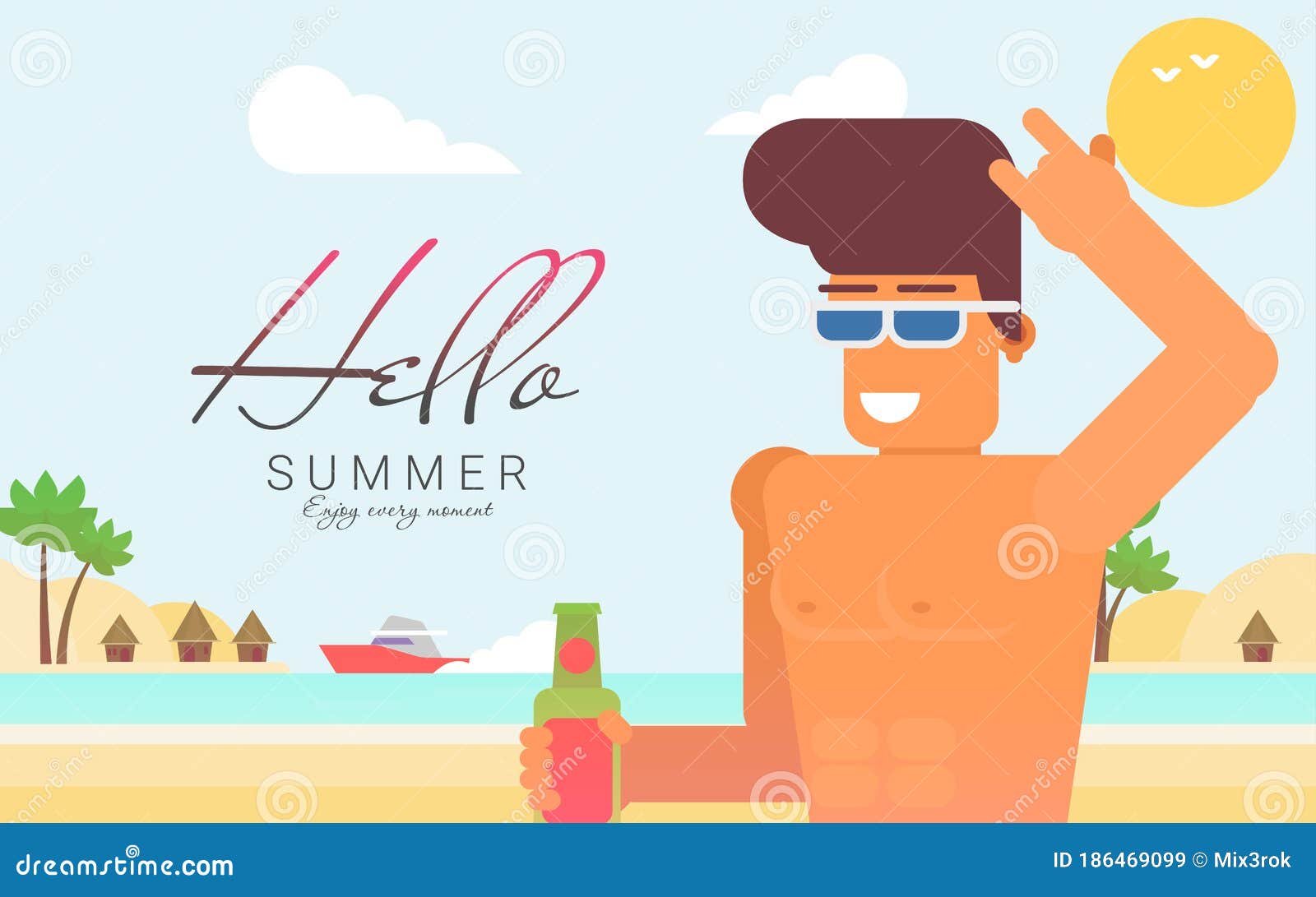 Funny Cartoon Character on Vacation. Flat Vector Stock Illustration ...