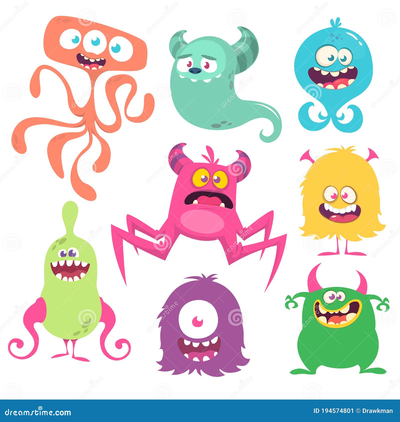Funny Cartoon Creatures. Set of Cartoon Vector Monsters. Halloween ...