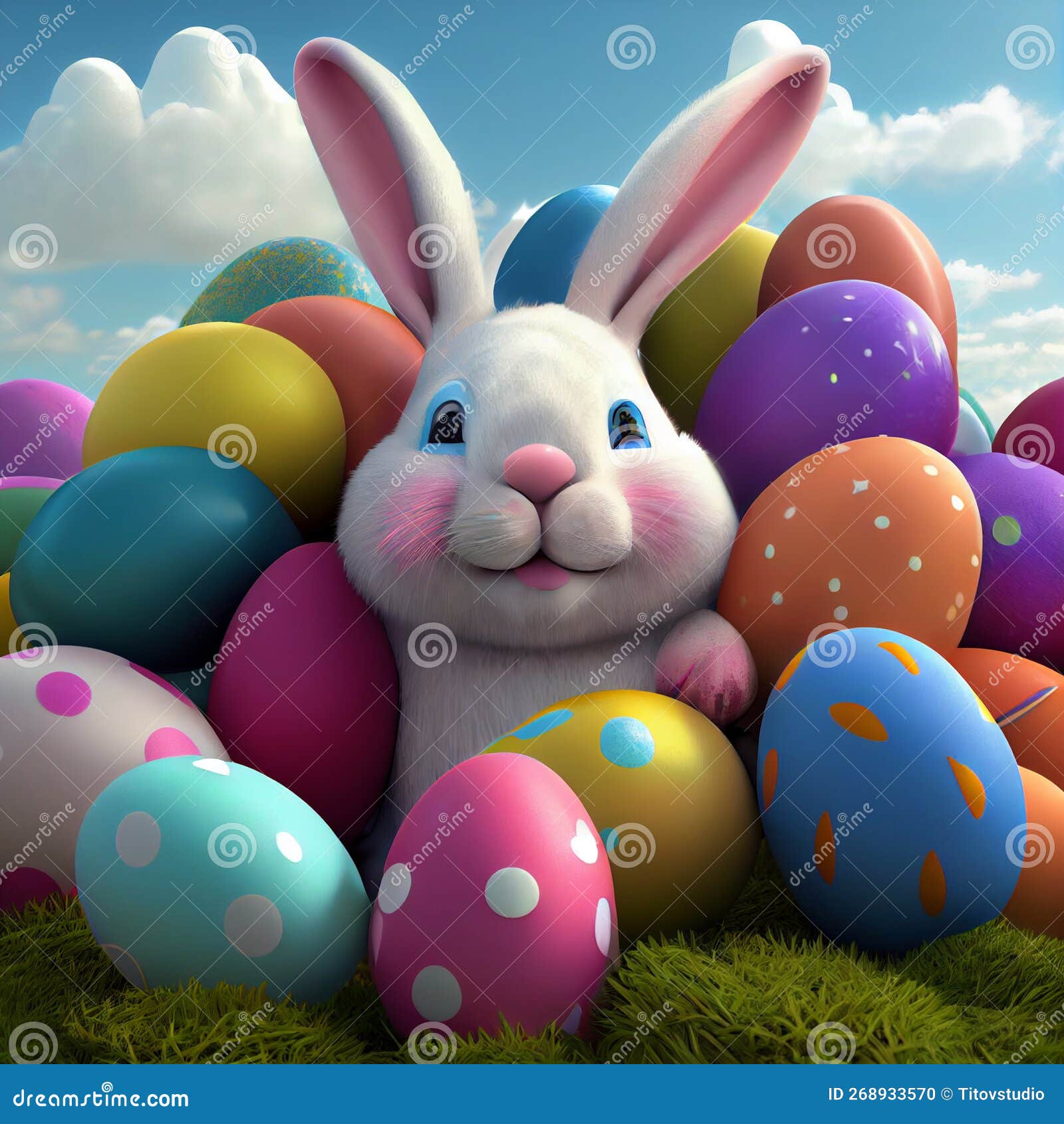 Funny Cartoon Easter Bunny with Coloured Painted Eggs Stock ...