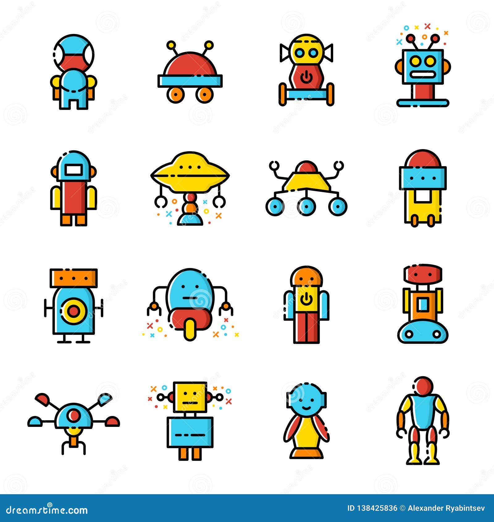 Robots Line Coloured Vector Icon Set Stock Vector - Illustration of ...