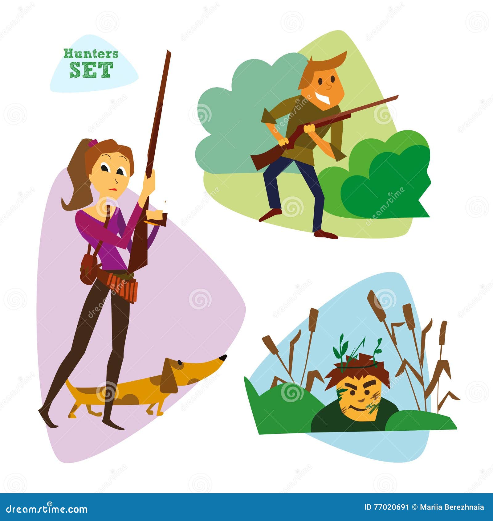 Funny Cartoon Hunters Set. Huntering Stock Vector - Illustration of ...