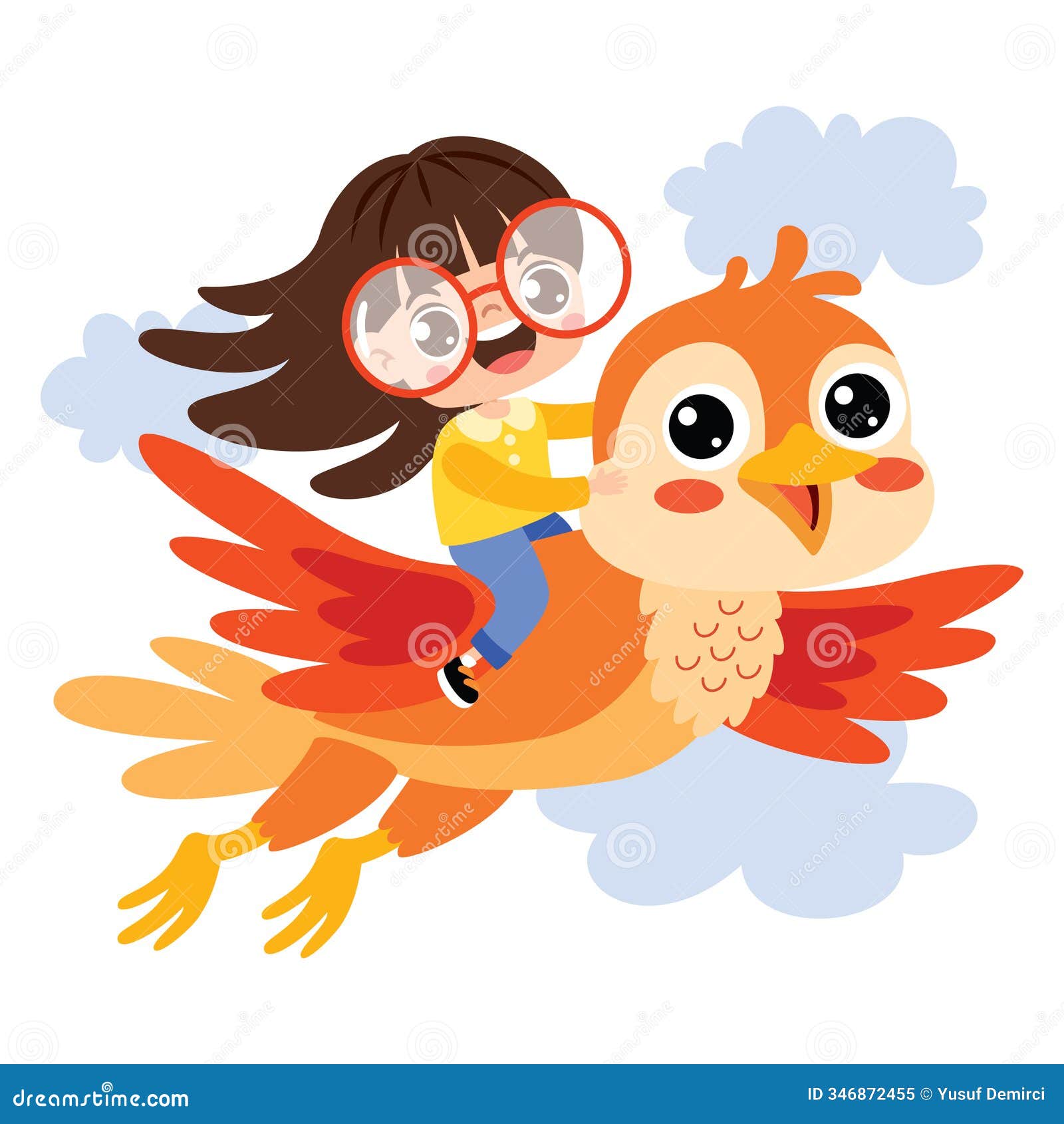 Funny Cartoon Kid Riding Bird Stock Illustration - Illustration of ...