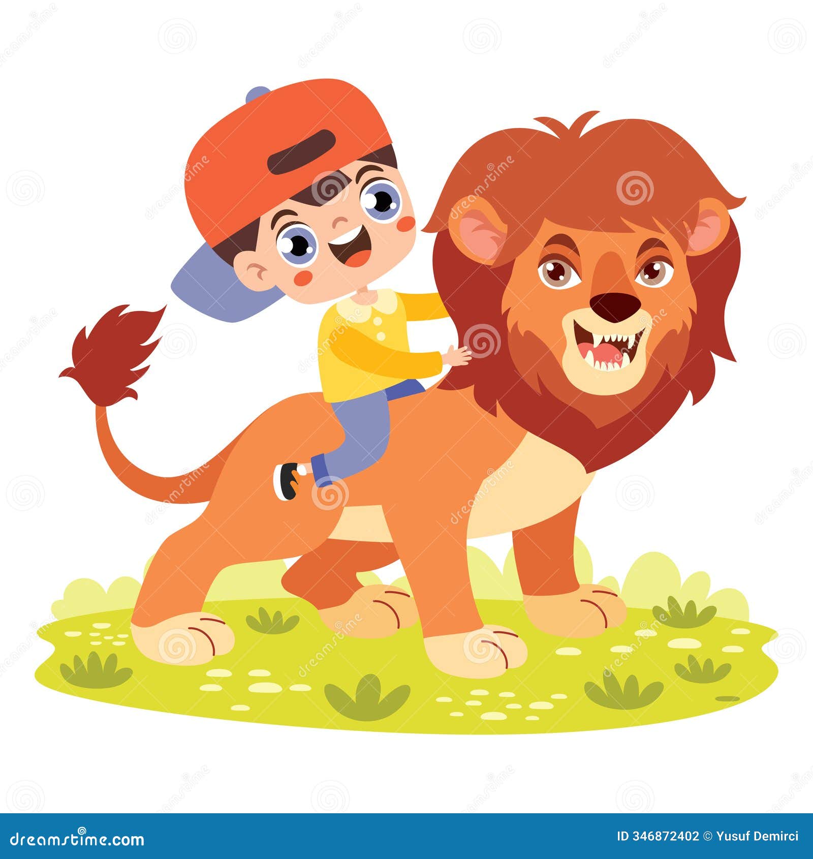 Funny Cartoon Kid Riding Lion Stock Illustration - Illustration of kids ...