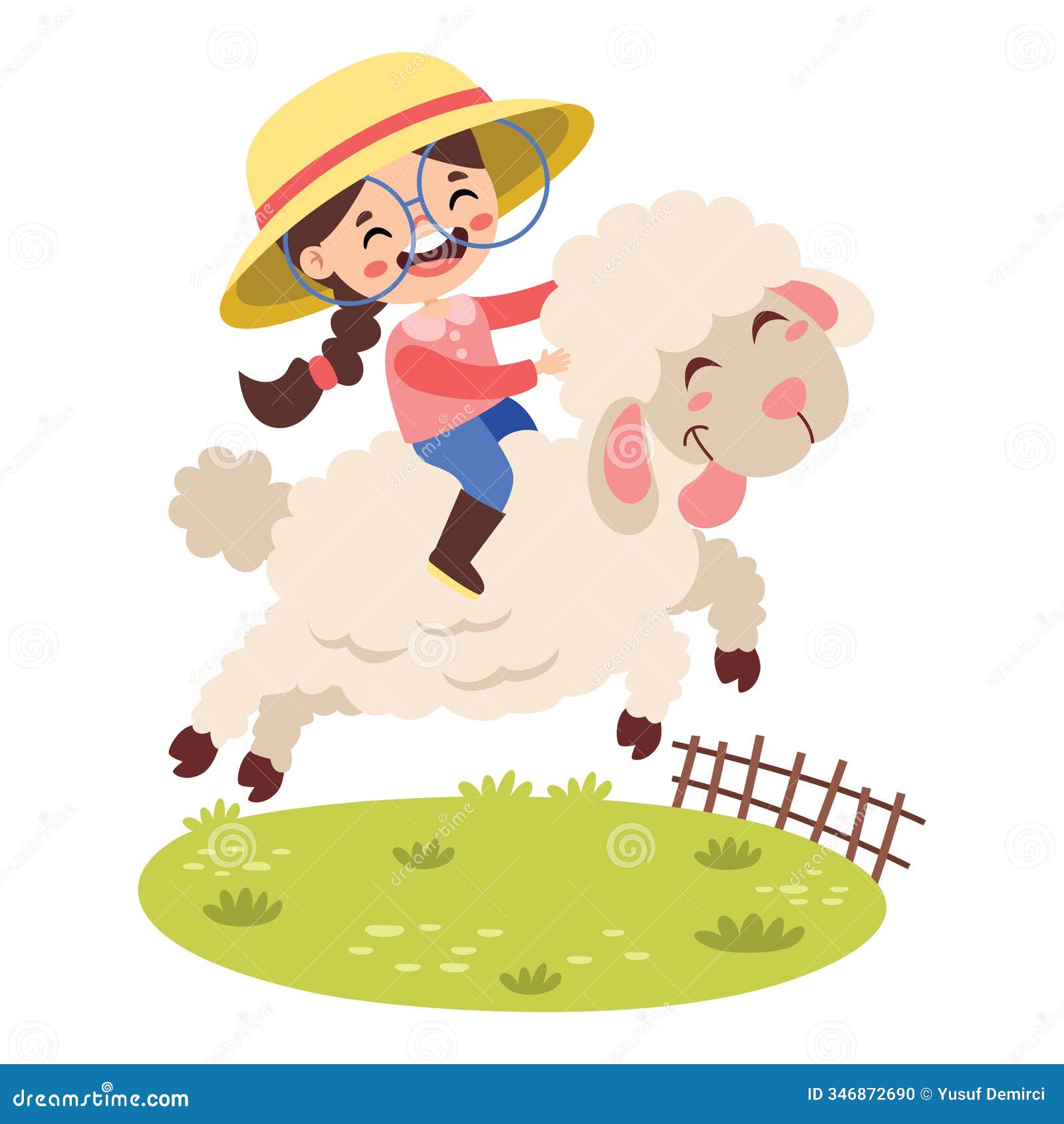 Funny Cartoon Kid Riding Sheep Stock Illustration - Illustration of ...
