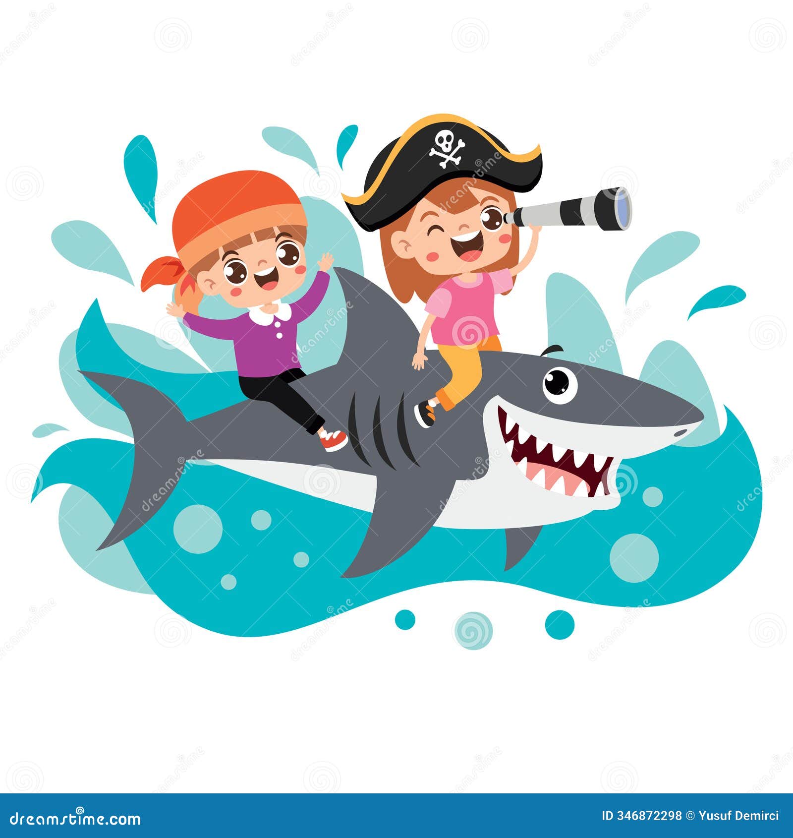 Funny Cartoon Kids Riding Shark Stock Illustration - Illustration of ...