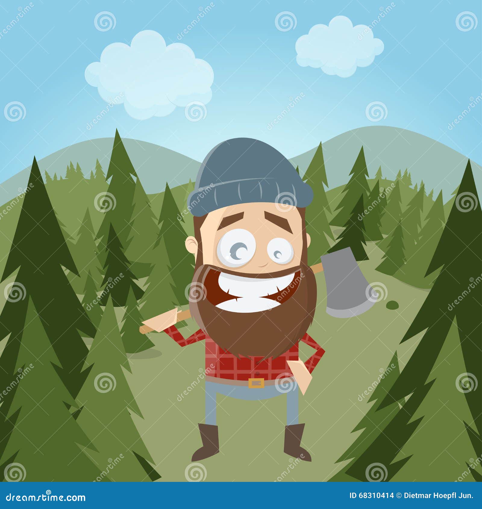 Funny Cartoon Lumberjack in Forest Stock Vector - Illustration of cloud ...