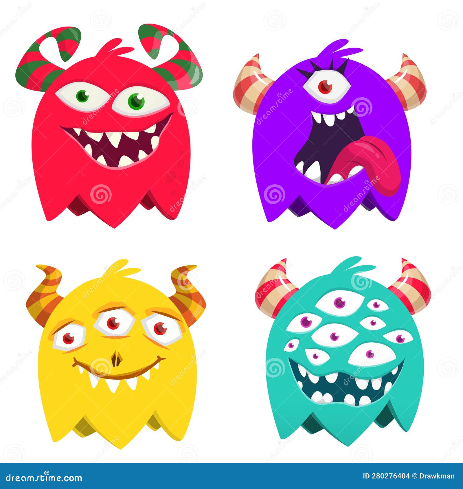Funny Cartoon Monsters Set With Different Face Expressions Vector