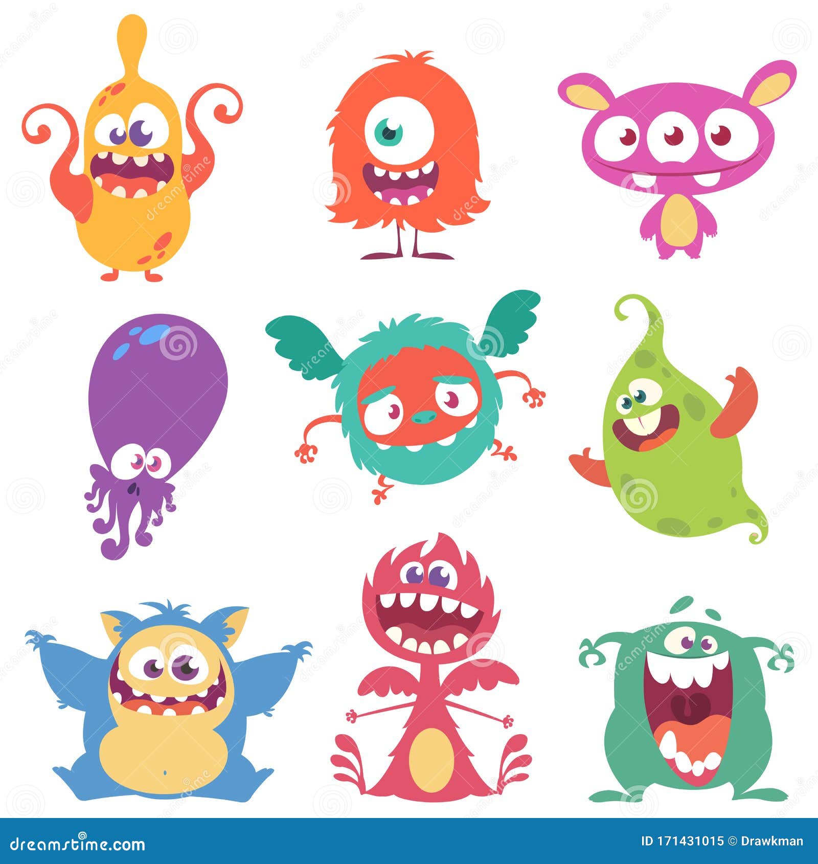 Funny Cartoon Monsters Set Halloween Vector Illustration Stock Vector