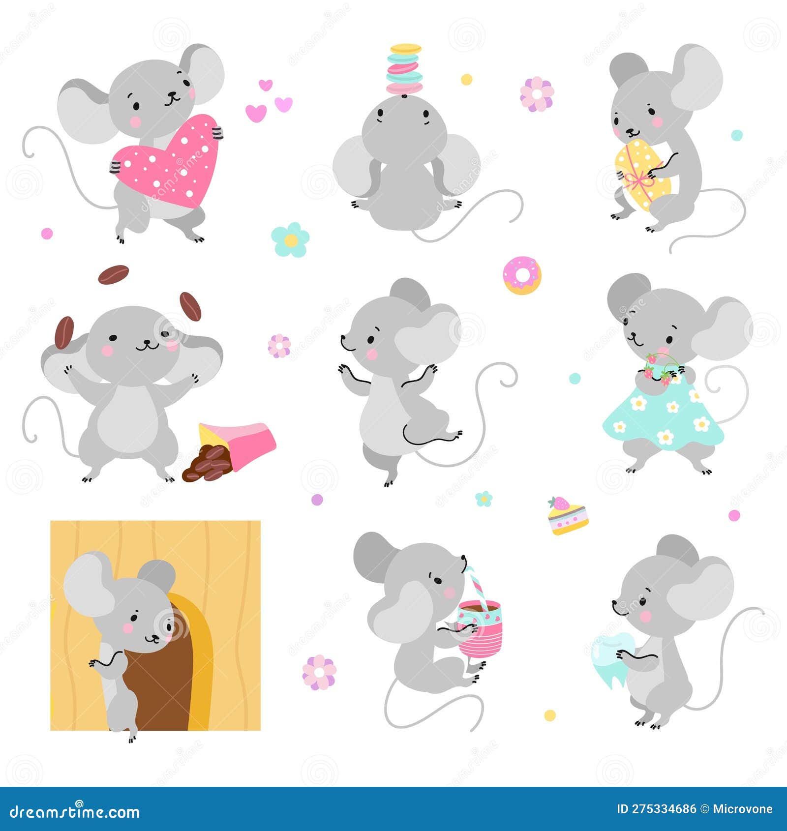 Funny Cartoon Mouse Playing and Sleeping. Mice Adorable Characters in ...