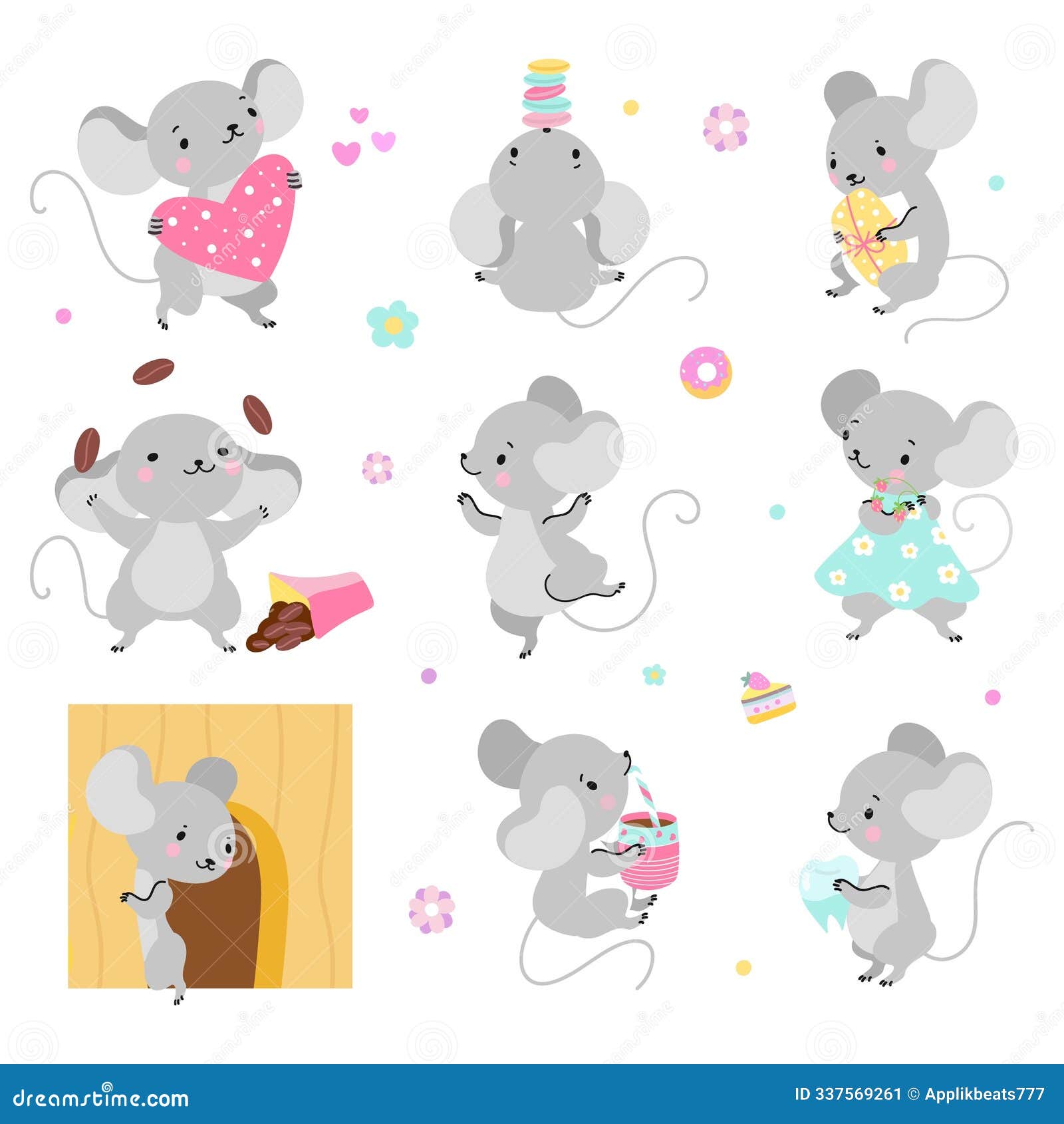 Funny Cartoon Mouse Playing and Sleeping. Mice Adorable Characters in ...