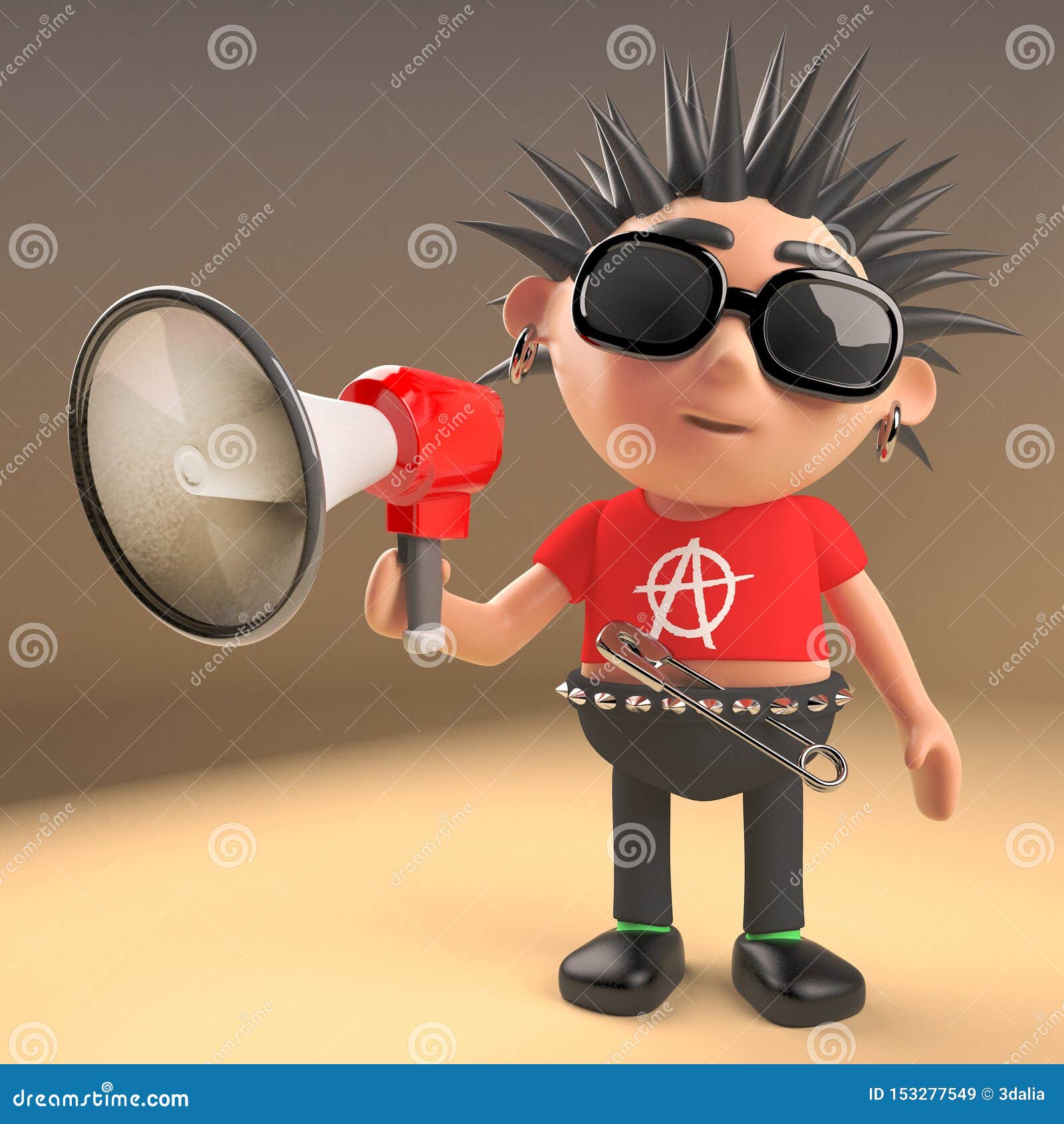 Funny Cartoon Punk Rocker Character Using A Megaphone Loudhailer 3d Illustration Stock