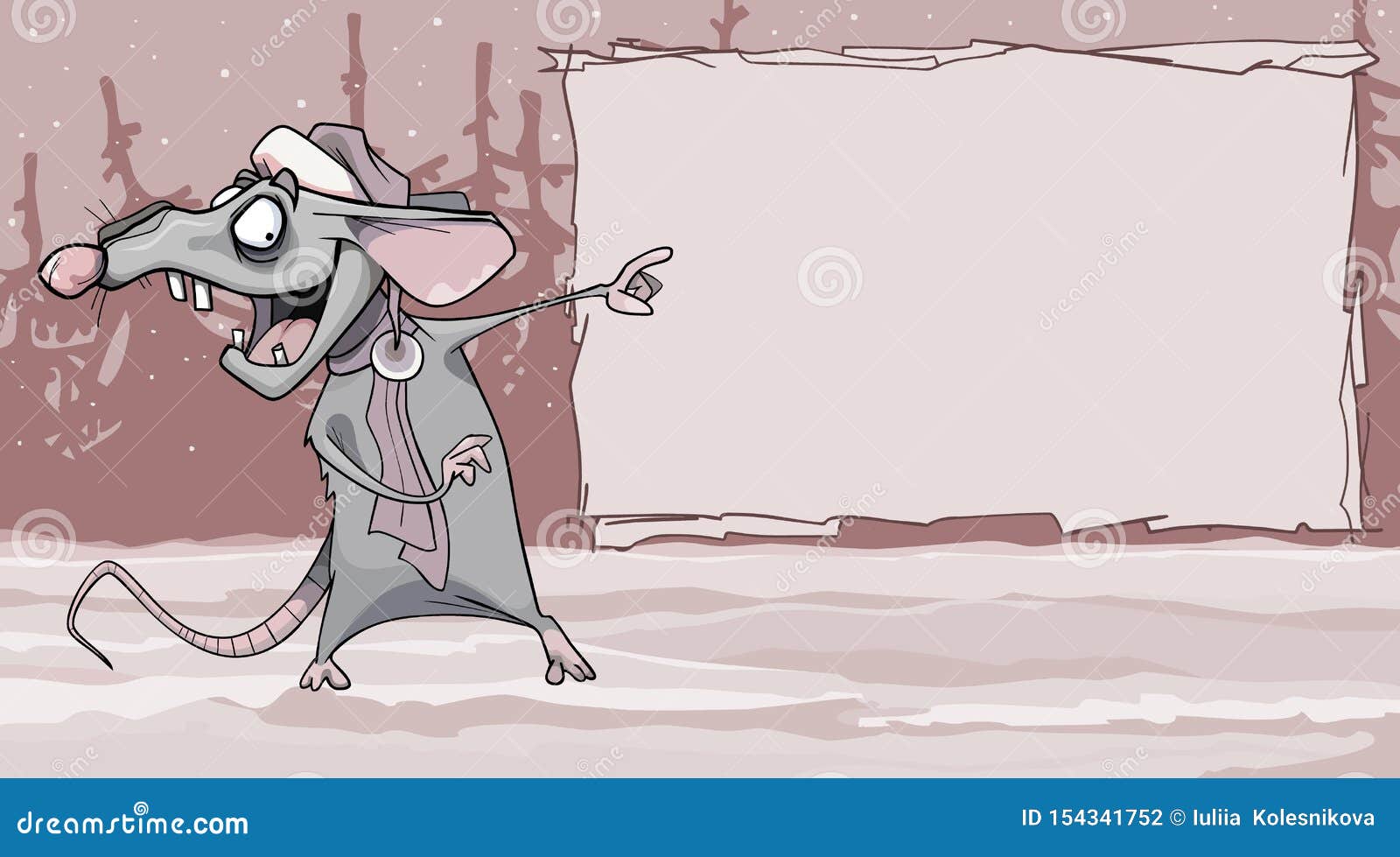 Funny Cartoon Rat in Winter Forest Points Fingers at a Blank Billboard ...