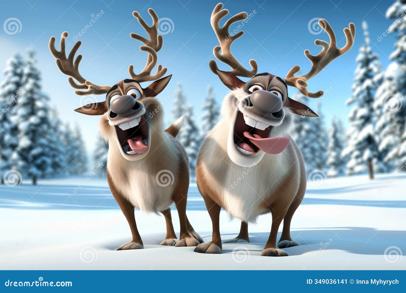 Funny Cartoon Reindeers in Snowy Forest Stock Illustration ...
