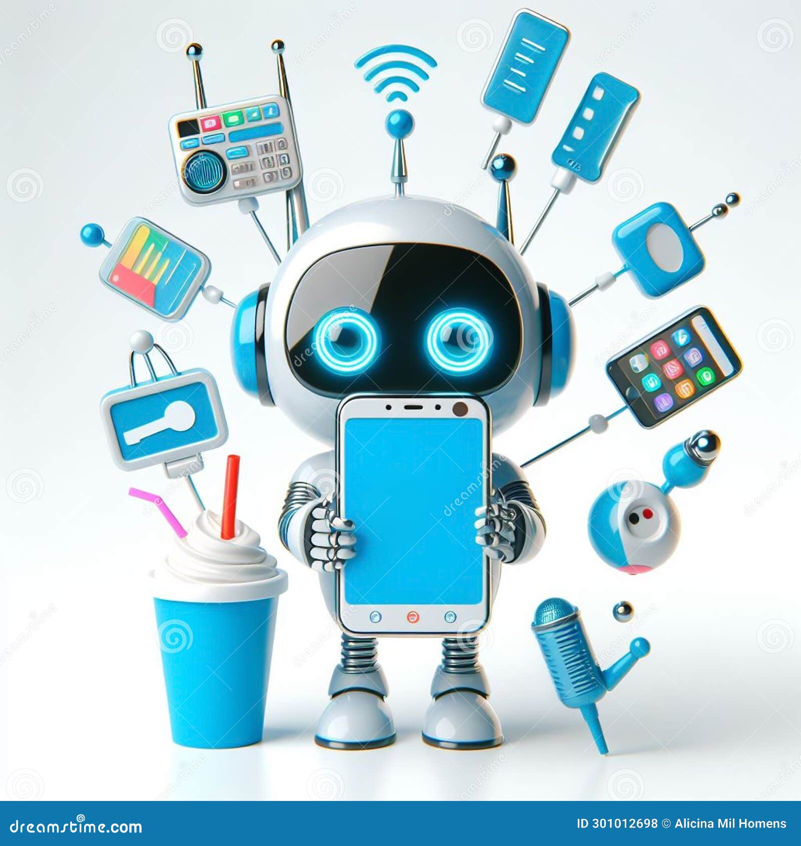 Funny Cartoon of a Robot with a Cell Phone. Digital and Technology Team ...