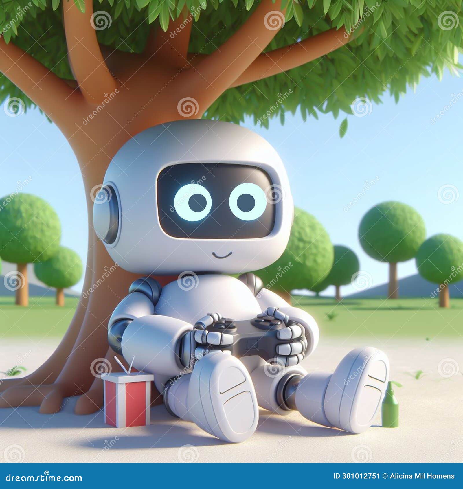 Funny Cartoon of a Robot Resting Under a Tree. Digital and Technology ...
