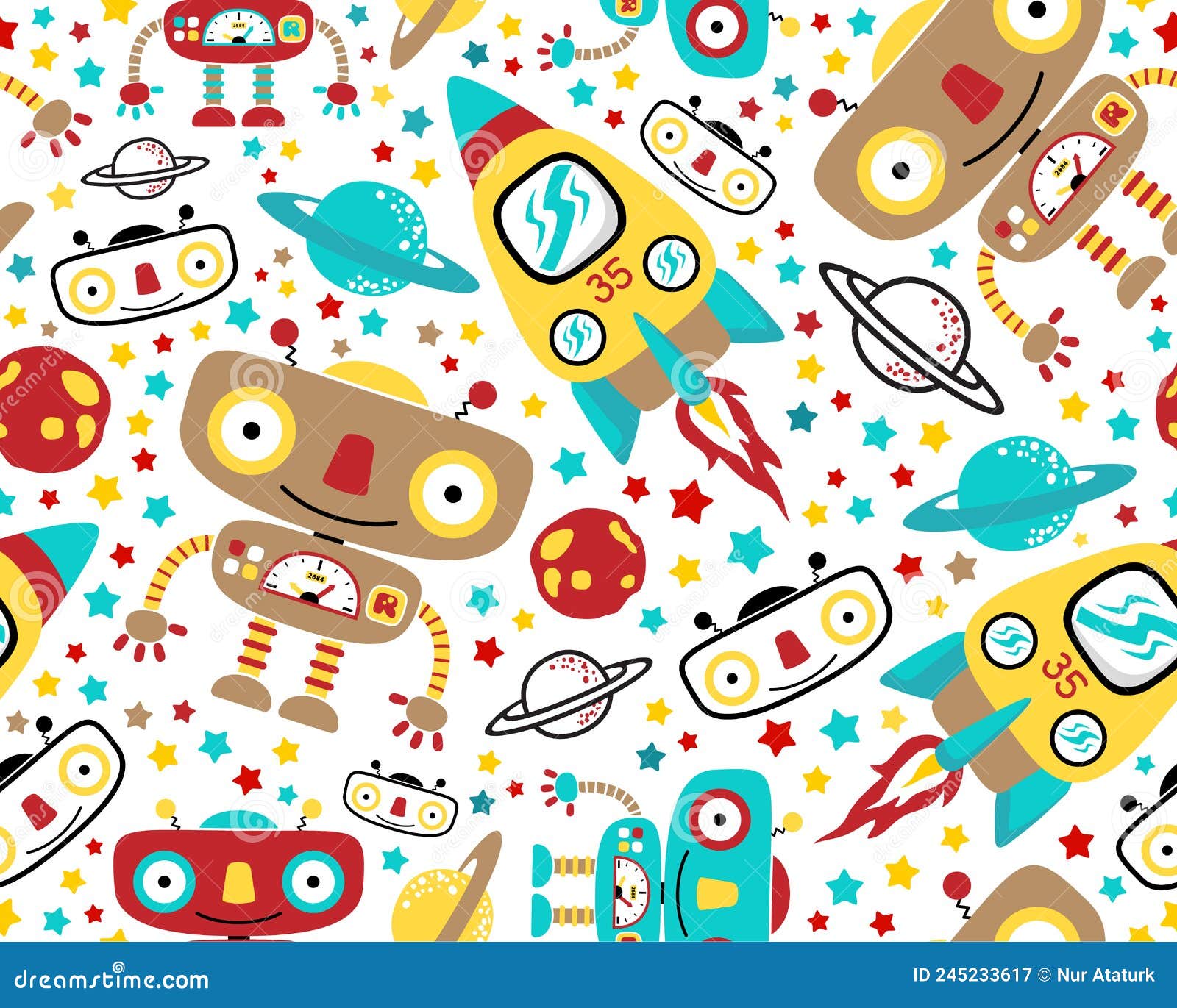 Funny Cartoon Robots with Rocket, Planets and Stars Stock Vector ...