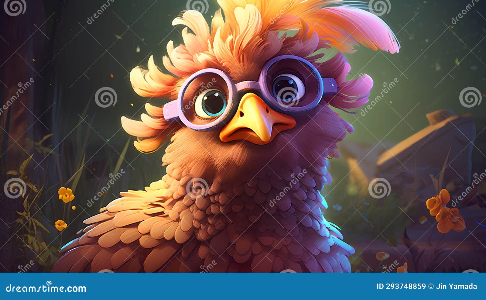 Funny Cartoon Rooster with Glasses in the Forest. 3d Rendering Stock ...