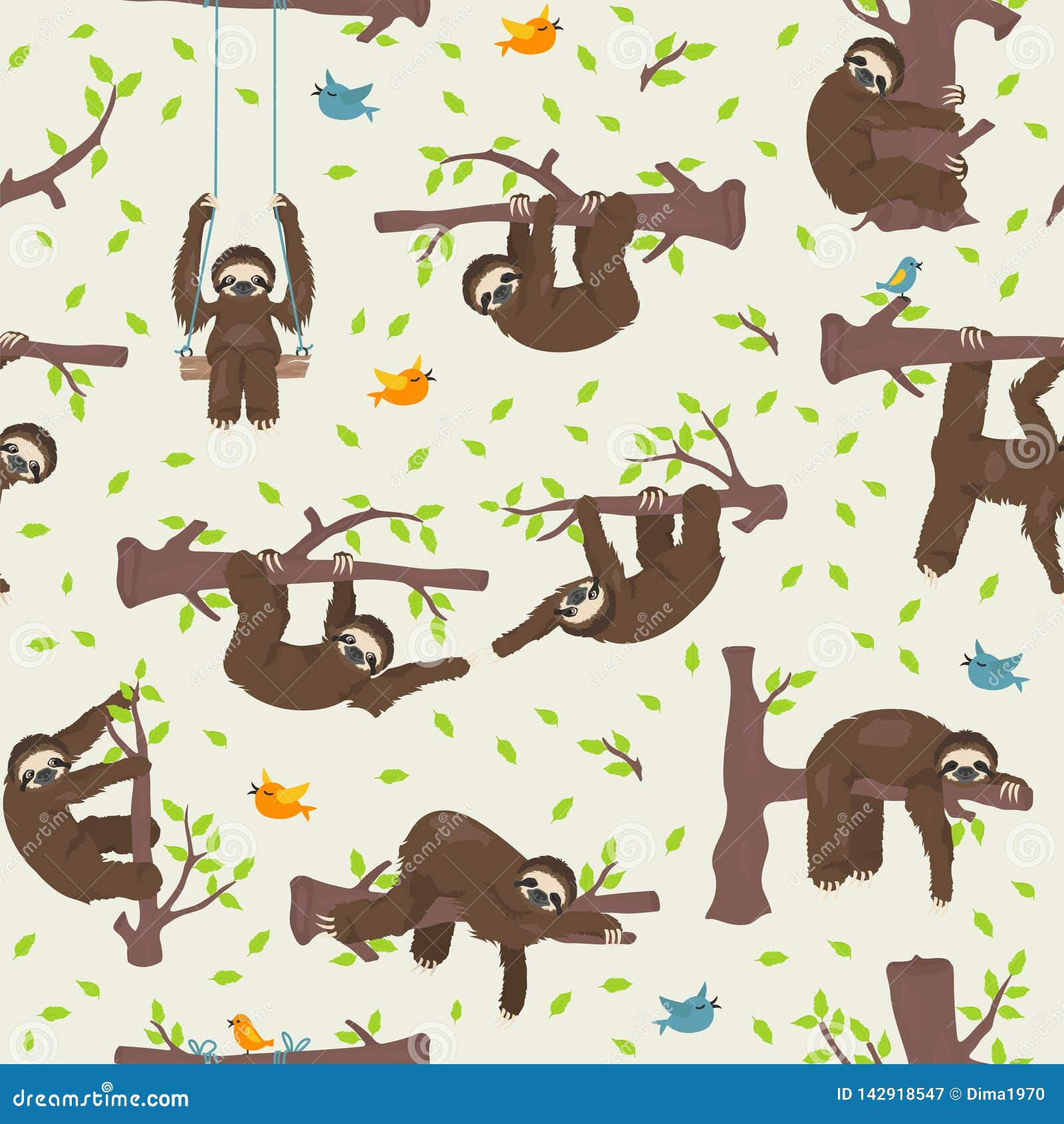 Funny Cartoon Sloths Hanging from the Trees. Seamless Pattern Stock ...