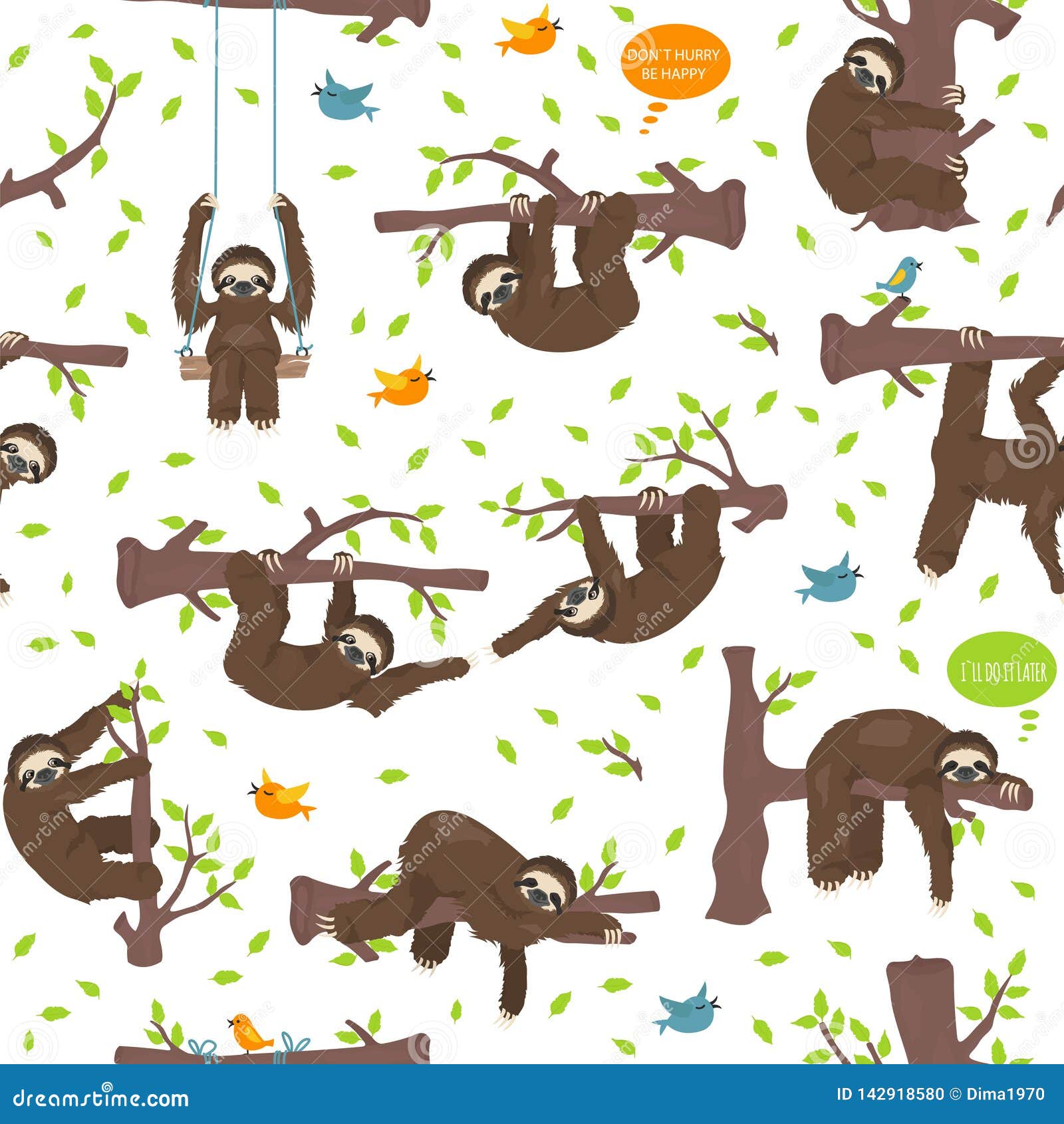 Funny Cartoon Sloths Hanging from the Trees. Seamless Pattern Stock ...