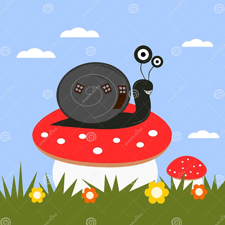 Funny Cartoon Snail on a Toadstool Stock Vector - Illustration of ...