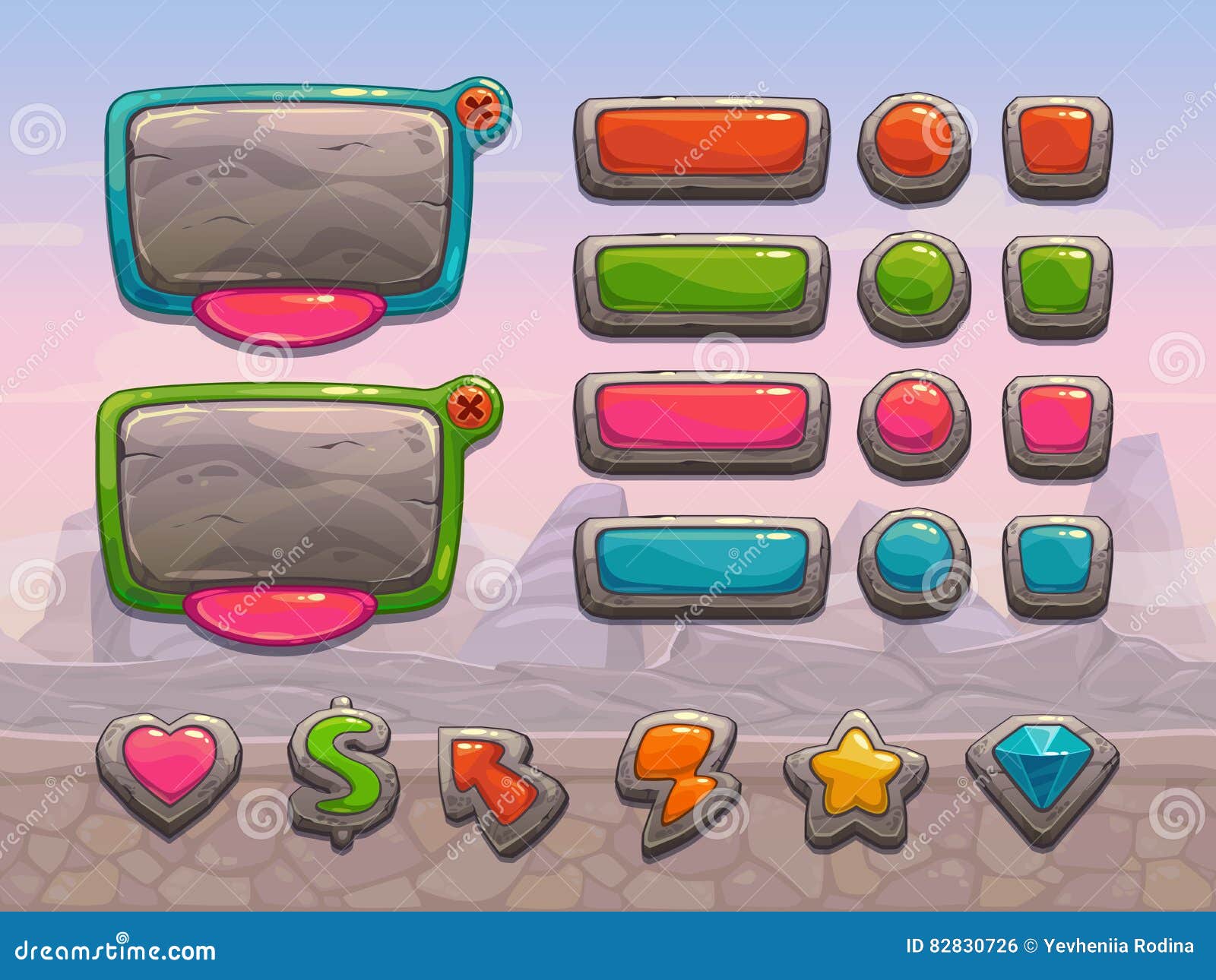 Funny Cartoon Stone User Interface Assets. Stock Vector - Illustration ...