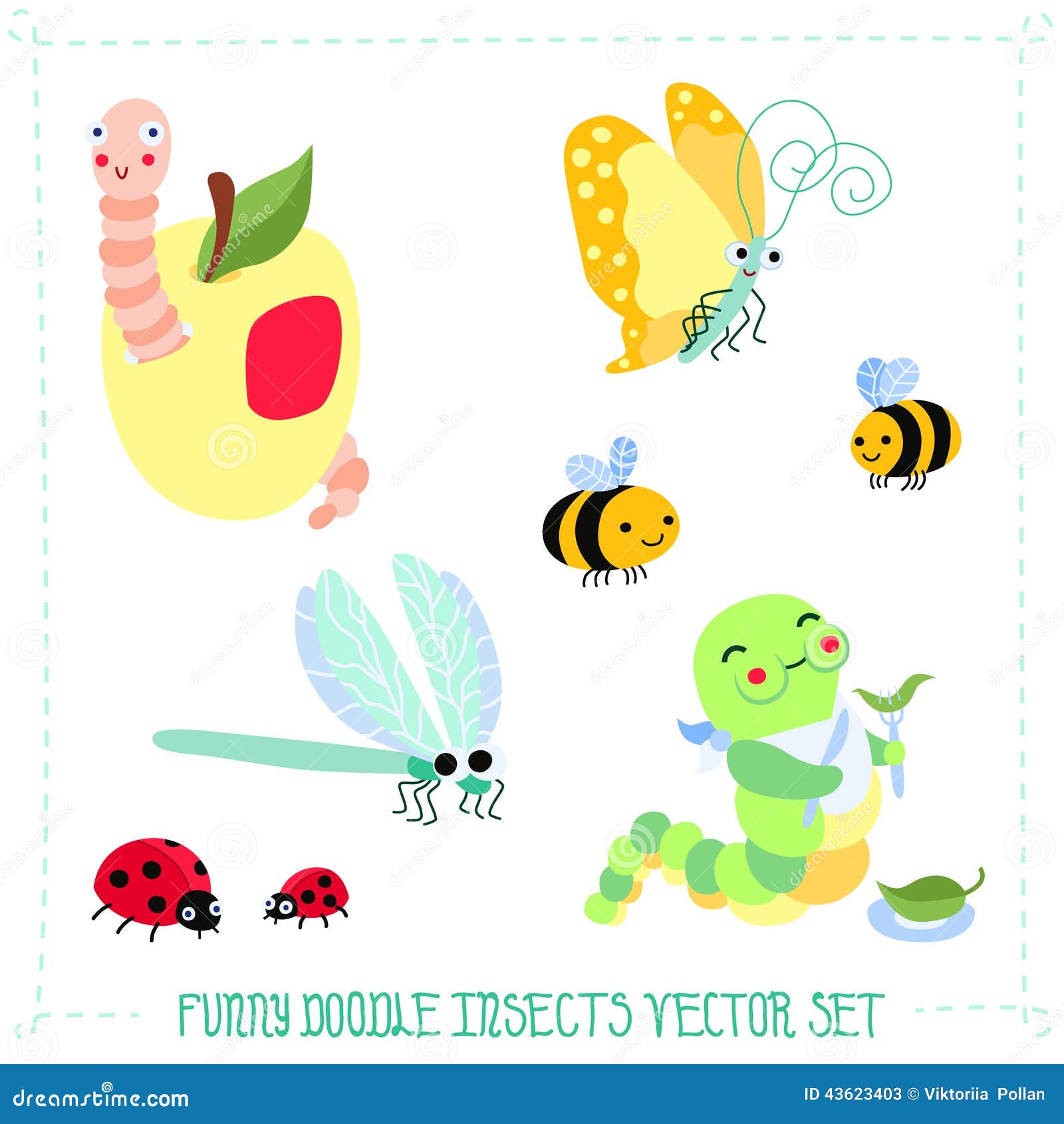 Funny Cartoon Style Doodle Insects Vector Set Stock Vector ...